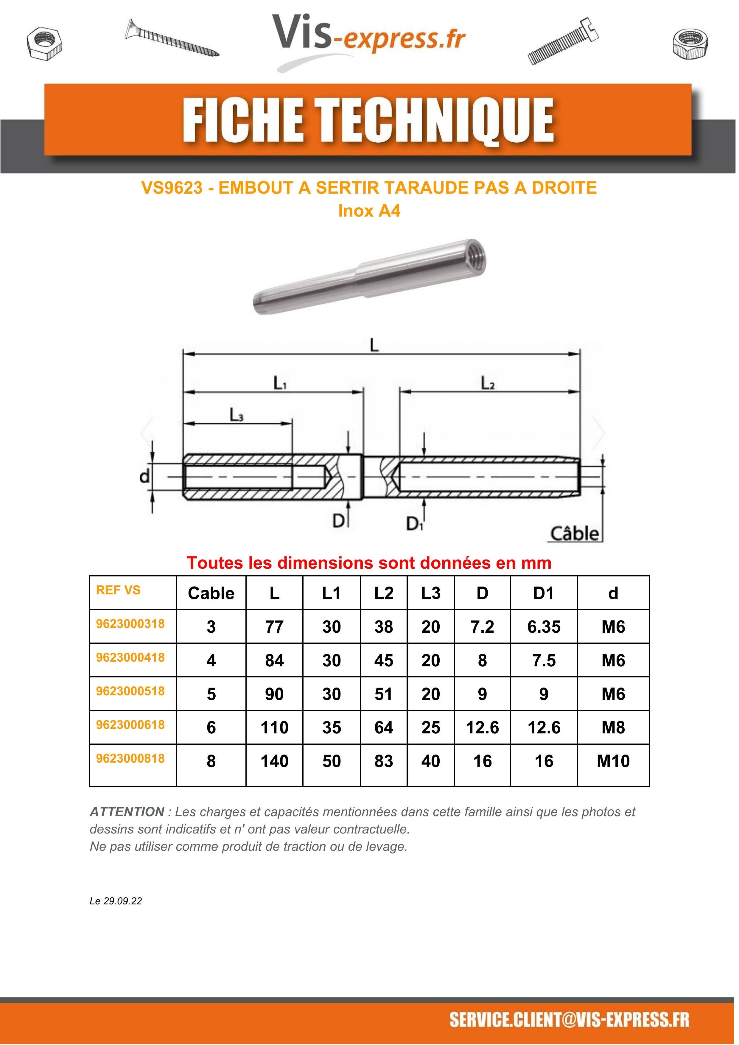 Embout à sertir taraudé pas à droite pour cable de diamètre 4 Inox A4 ...