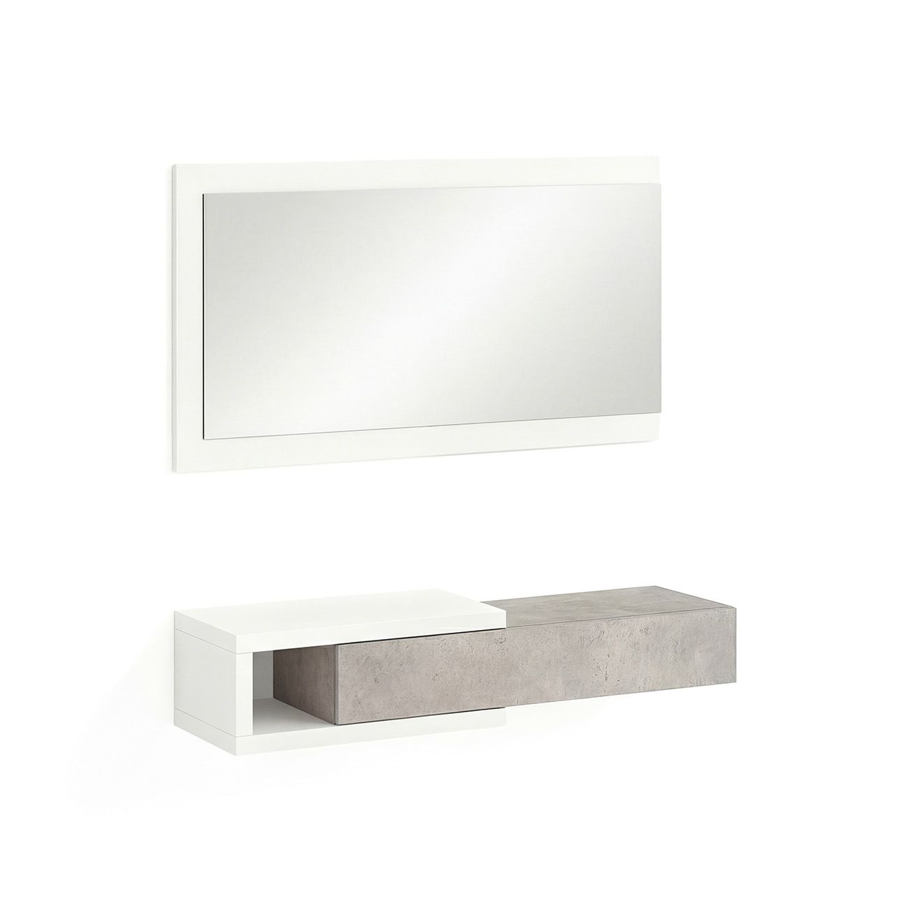 Mueble recibidor con 1 cajón y espejo en blanco mate y gris cemento 95 ...