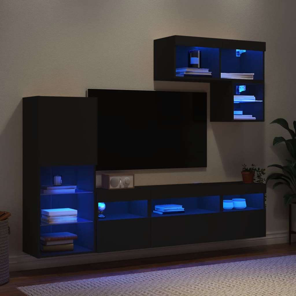 Muebles de pared para TV con LED 6 piezas de madera contrachapada negra ...