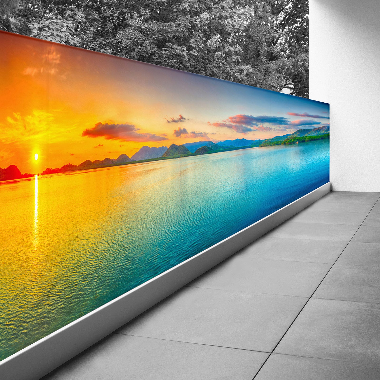 Brise vue Trompe l'oeil - 100x400 cm - Couché de soleil - Bâche 80% d ...