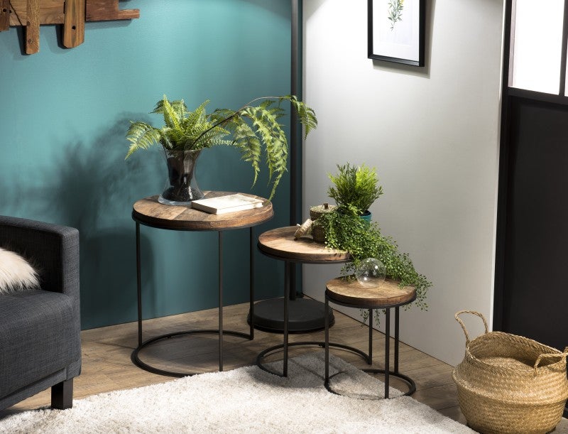 SIXTINE - Set de 3 tables d'appoint rondes marrons Teck recyclé Acacia ...