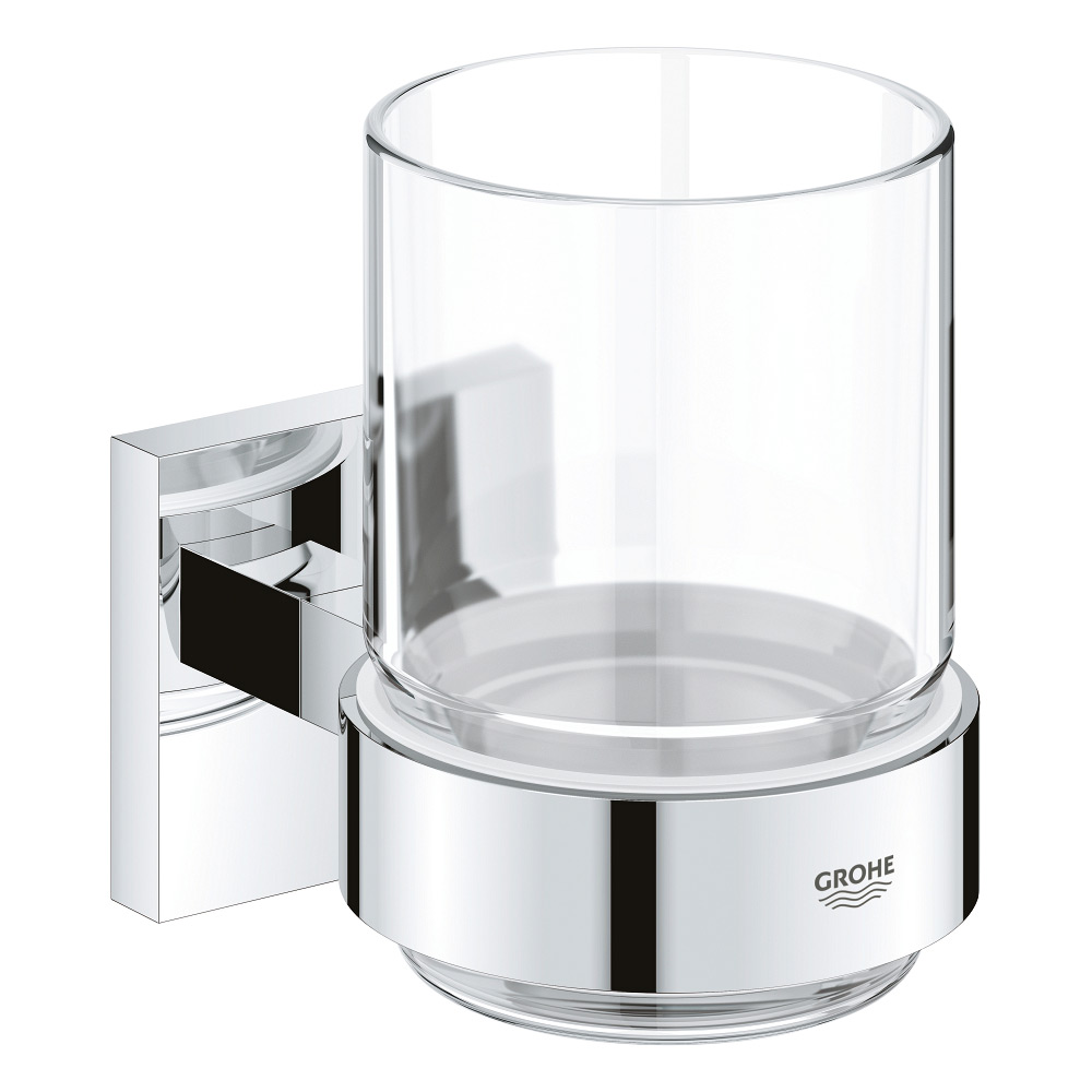 GROHE QUICKFIX Start Cube,bicchiere in vetro con supporto,Installazione a vite o con colla,Cromo ...