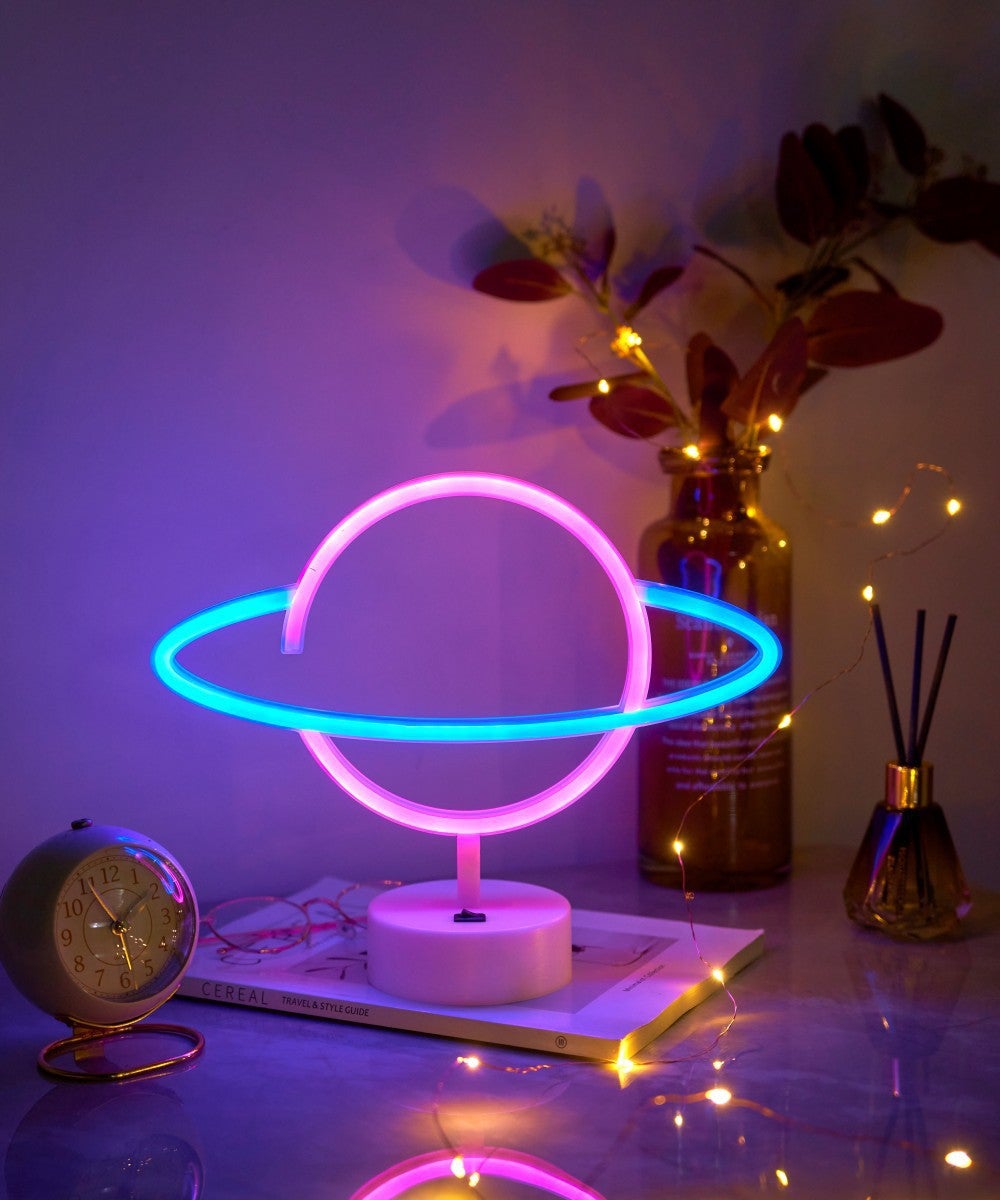 Signes néon Planète, Lampe néon LED bleue et rose alimentée par pile ...