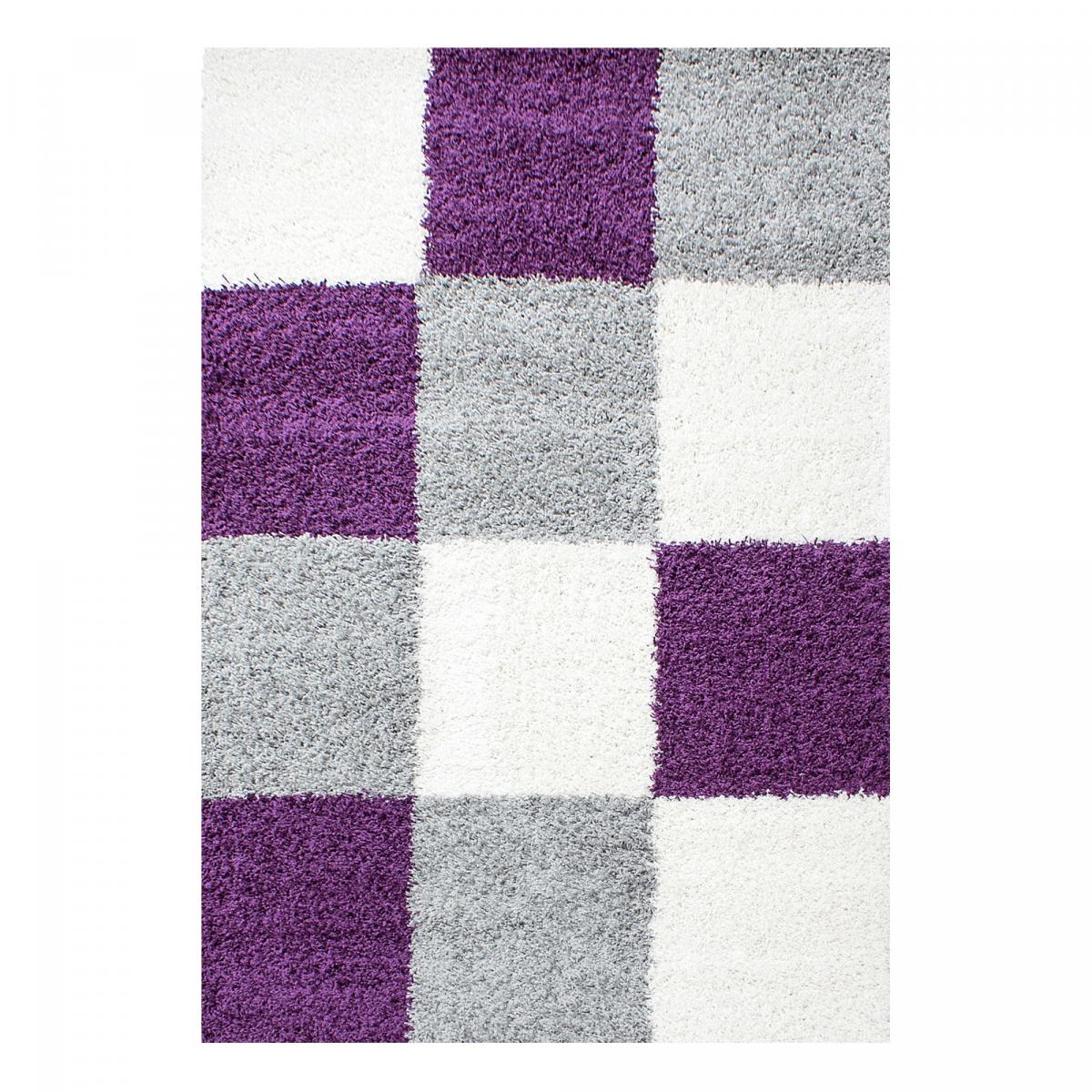 Tapis poils longs shaggy 80x250 rectangle tissé violet et gris motif damier | Leroy Merlin
