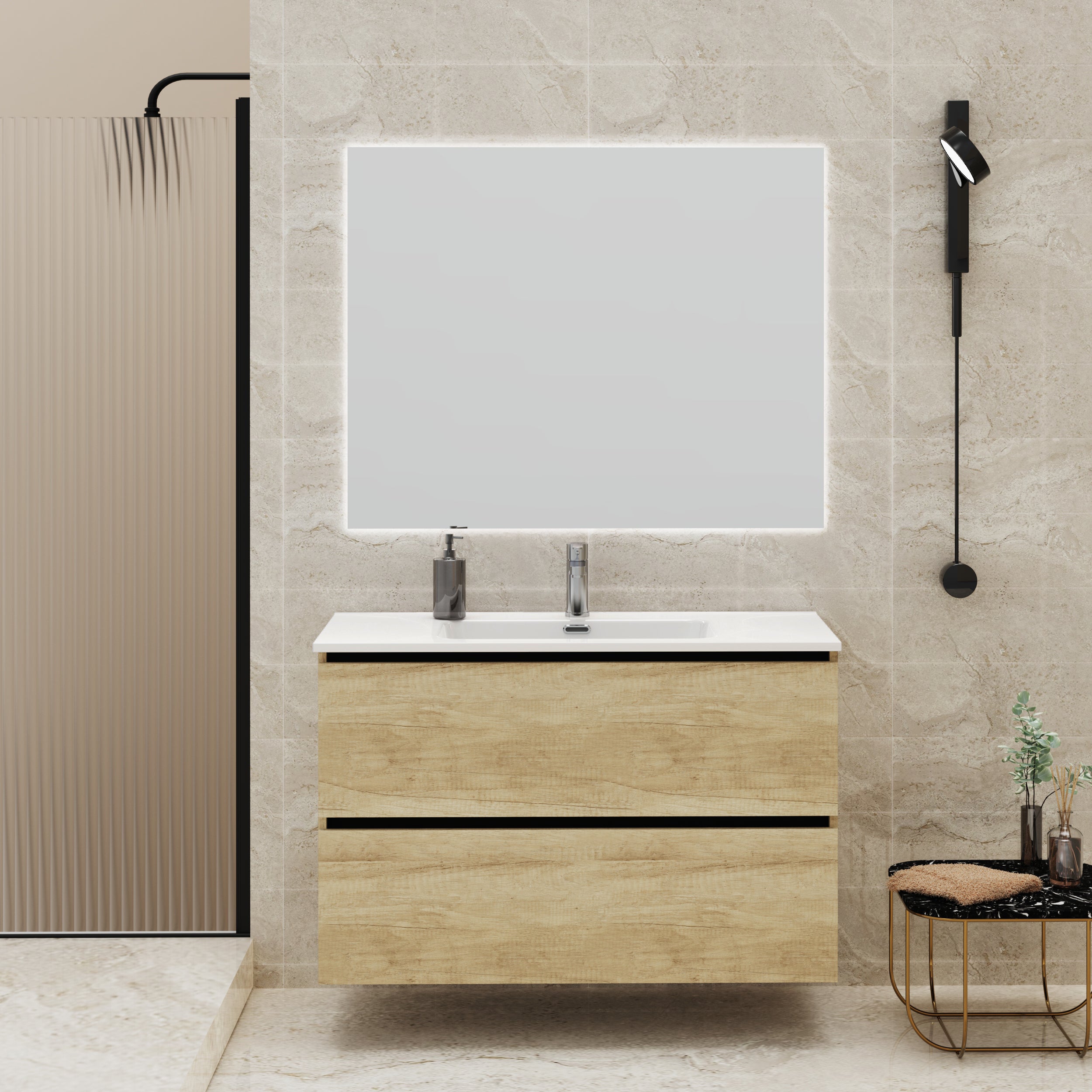 CONJUNTO DE BAÑO GLOOM | MUEBLE DE BAÑO SUSPENDIDO | 90 CM NATURE| DOS CAJONES | LAVABO ...