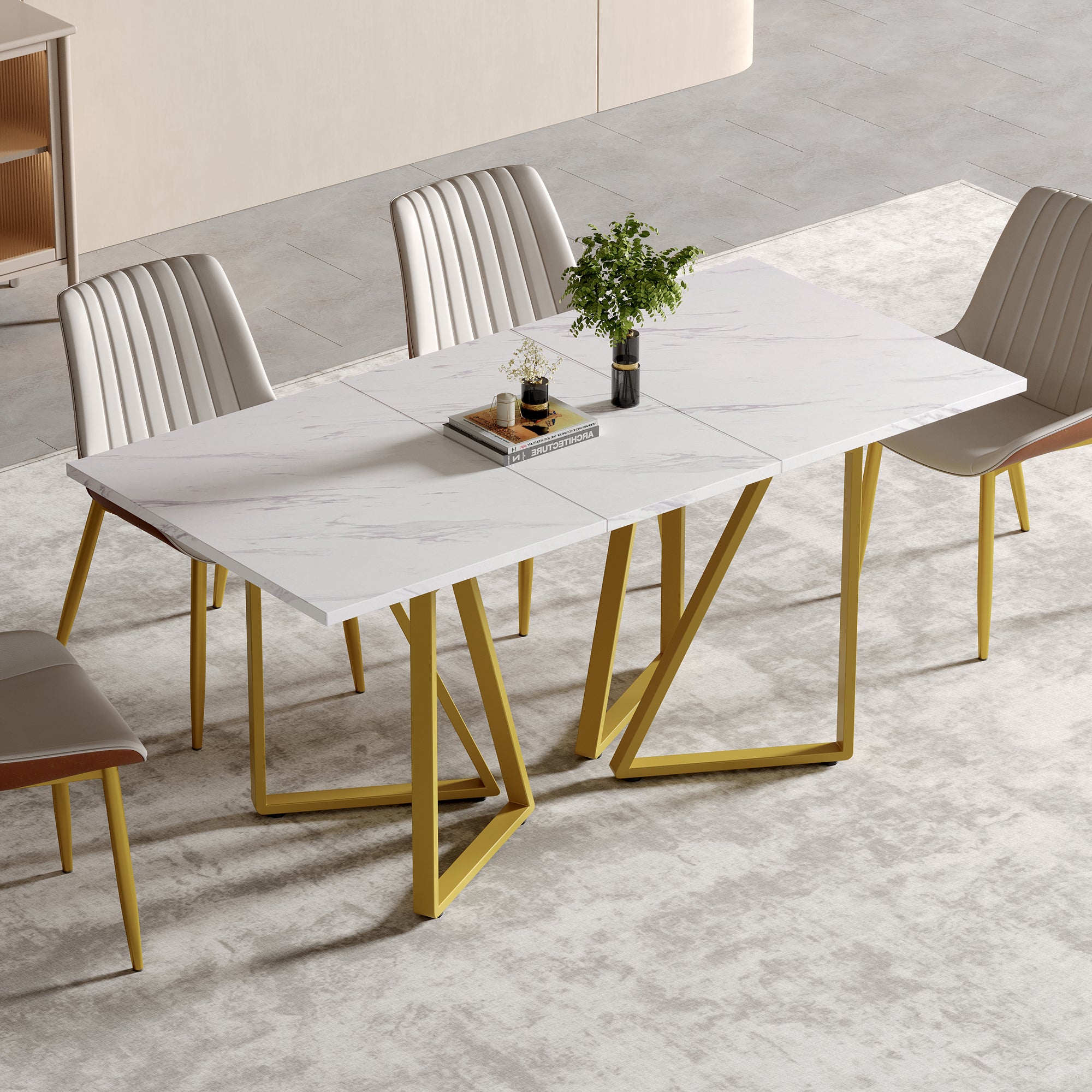 Table à manger moderne avec motif en marbre, extensible, avec pieds ...