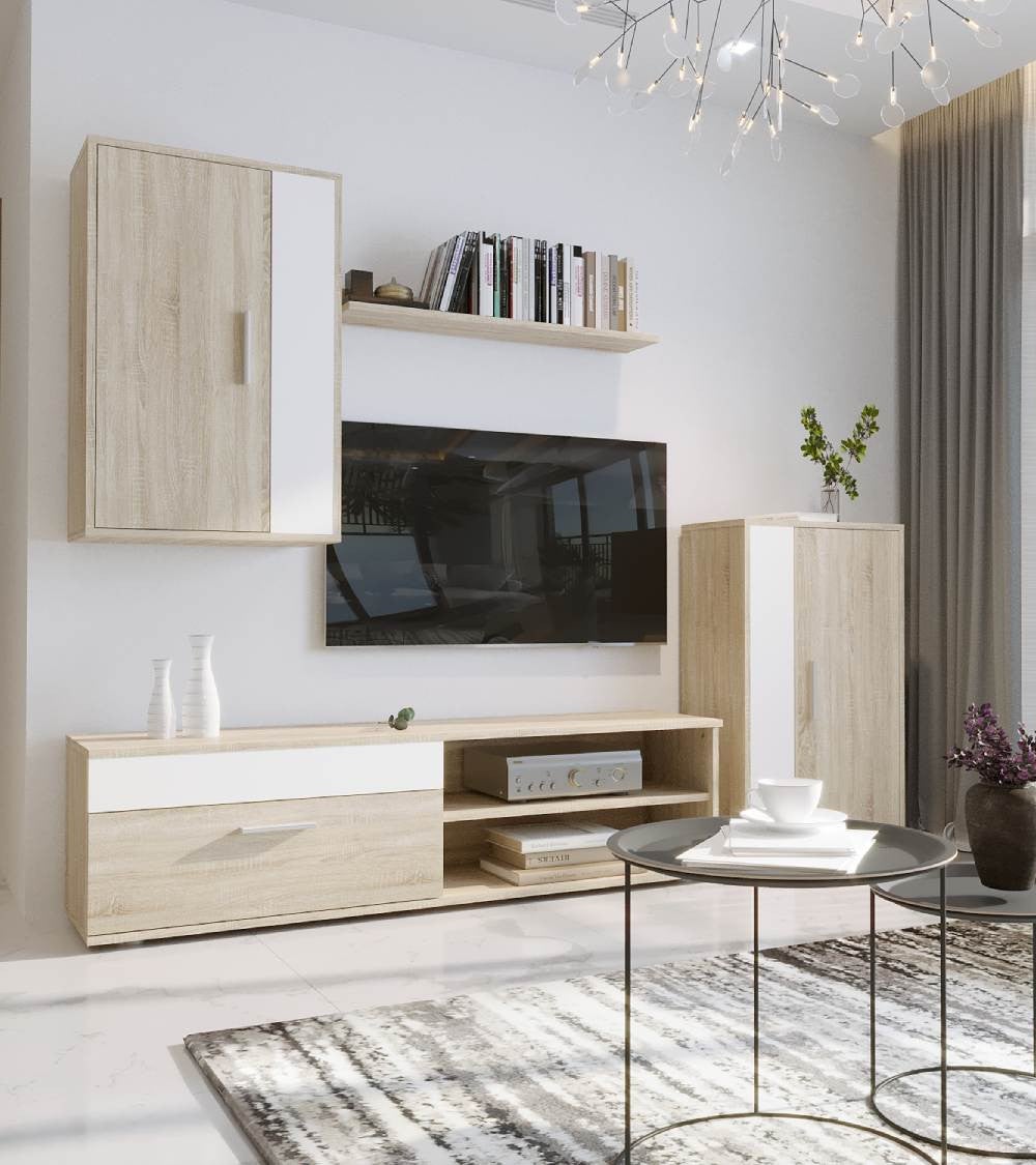 Mueble salón modular BOSCO mueble tv + 2 vitrinas + estante en color ...