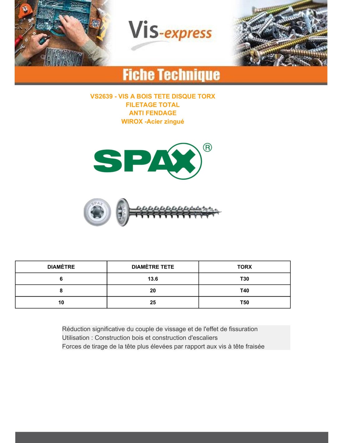 Spax Vis bois Tête disque TORX T50 10X80 Filetée sur 70 4CUT WIROX-1 ...
