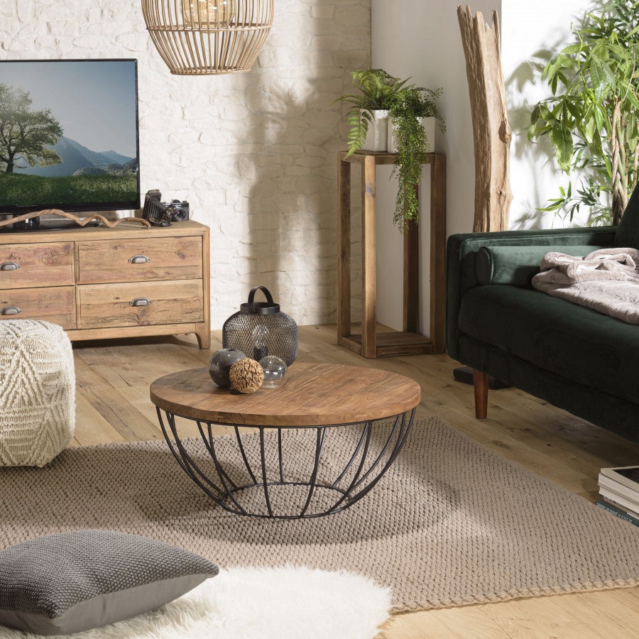 ALIDA - Table basse coque ronde 80x80cm plateau teck recyclé piétement ...