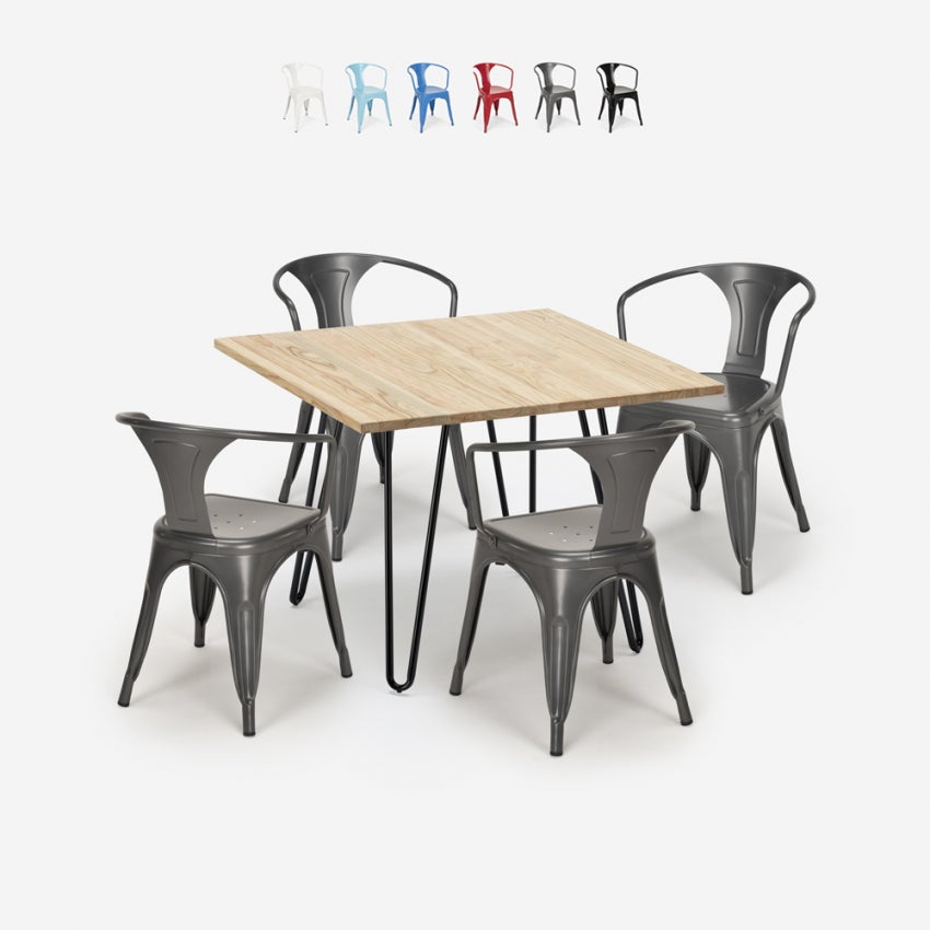 Table 80x80 design industriel + 4 chaises style bar cuisine bar reims ...