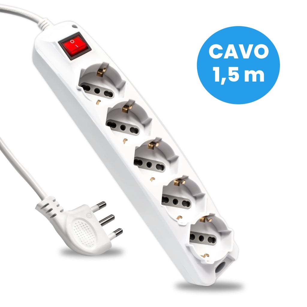 Multiplug avec càble 1,5m 5 prises 10/16A 2P+E Bipass + Schuko Light Switch Plug 16A 2P+E Blanc ...