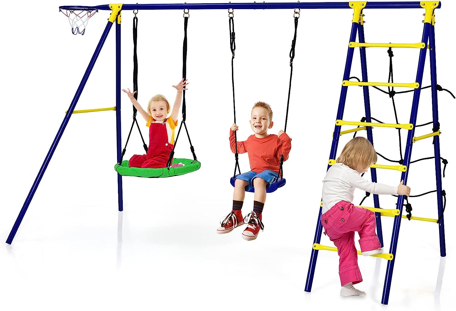 Juego Columpio Jardin Exterior 5 en 1, 2 Columpios, 1 Aro de Baloncesto ...