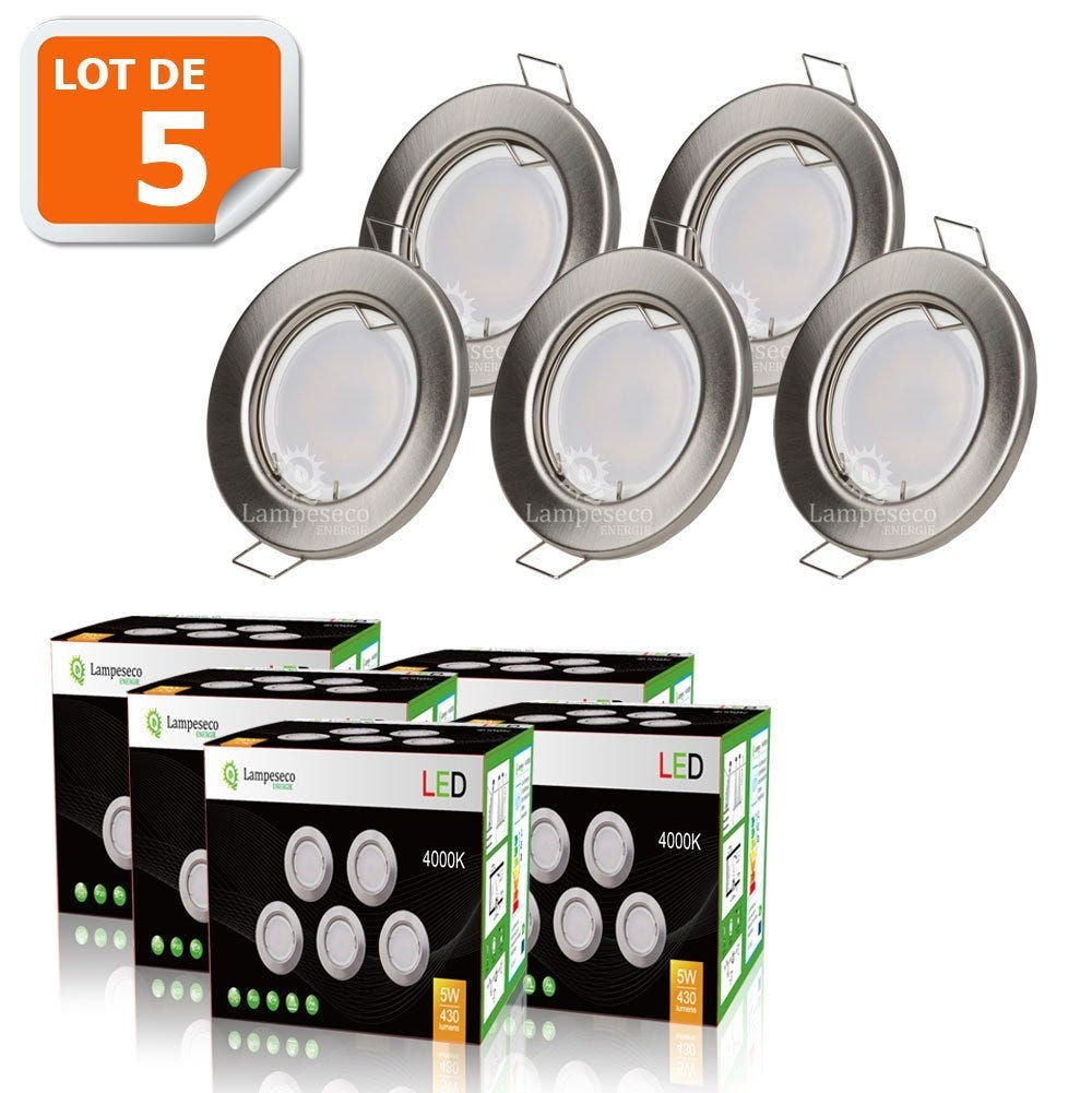 Lot De 5 Spot Led Encastrable Complète Ronde Fixe Alu Brossé Blanc