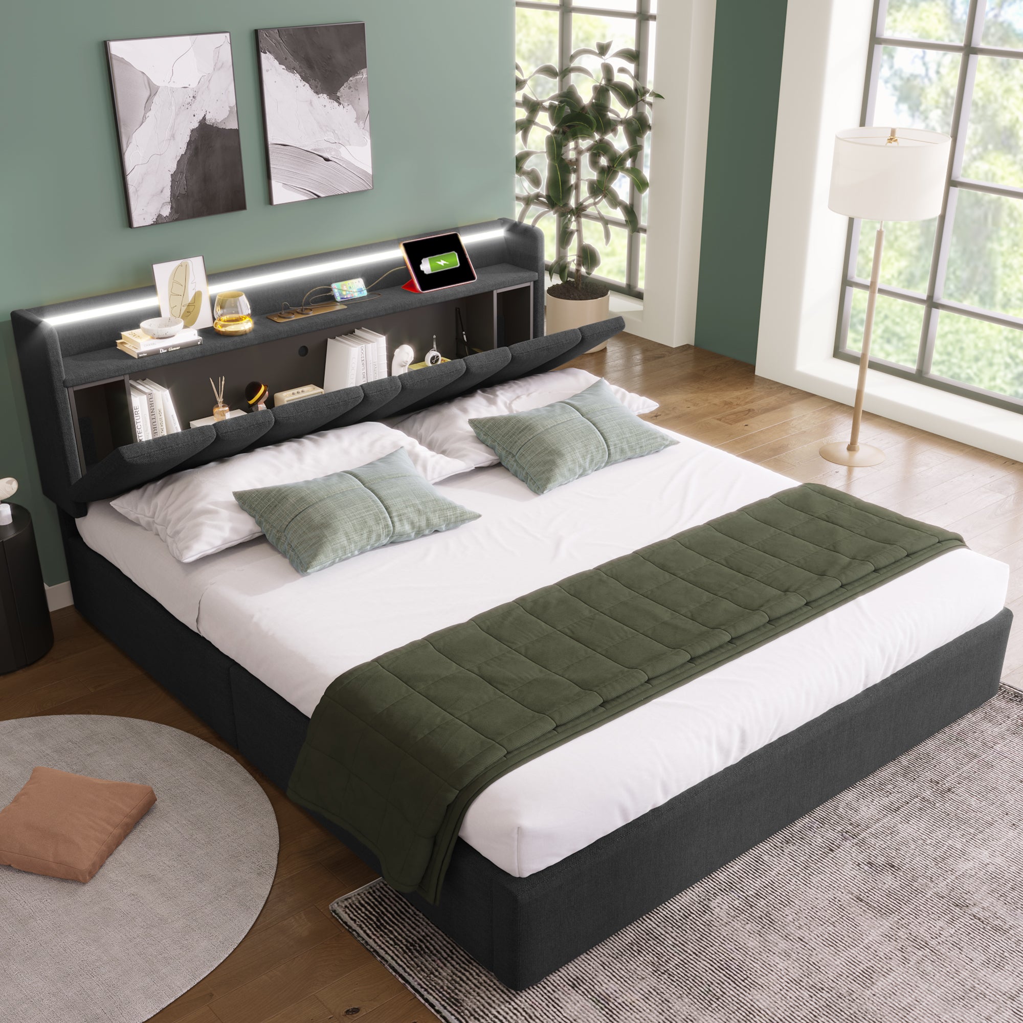 Lit coffre Lit rembourré Lit double 160 x 200 cm avec chargement Usb et ...