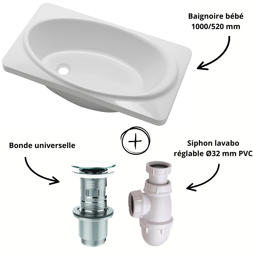 Pack baignoire bébé 1000/520 mm + bonde + siphon | Leroy Merlin