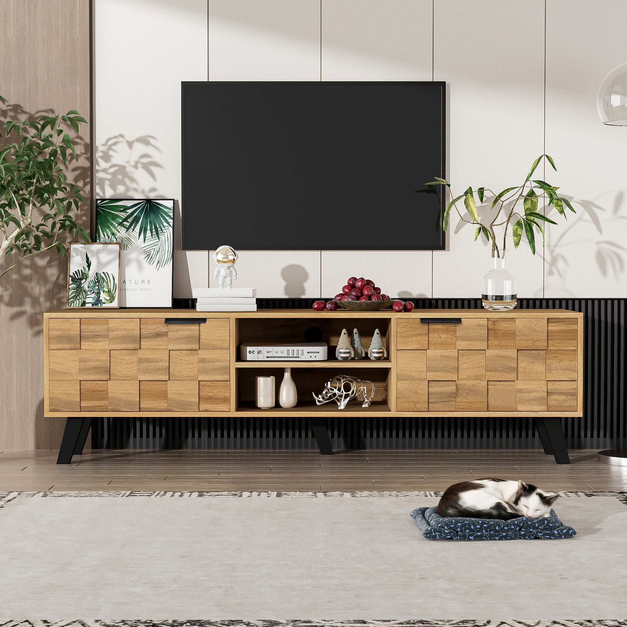 Mueble TV moderno - con 2 puertas y 2 compartimentos abiertos - Natural ...