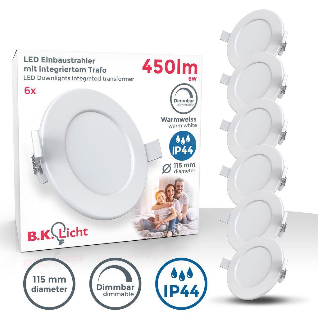 B.K.Licht lot de 6 spots dimmables salle de bain IP44 ultra plats Ø115mm modules LED 6W lumière ...