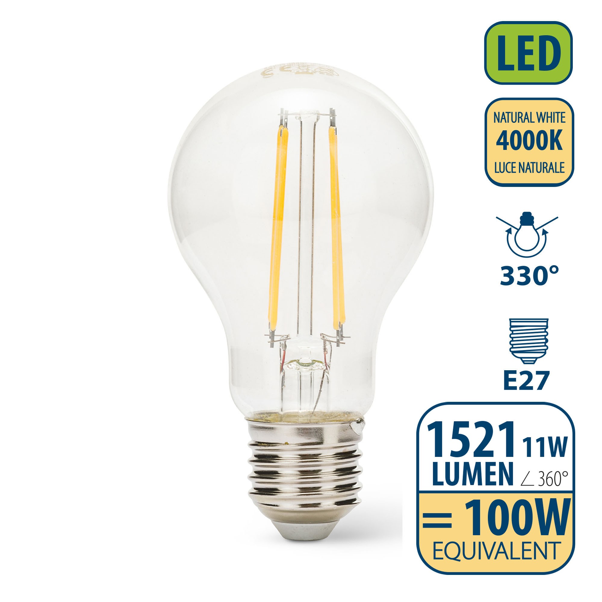 Bombilla de filamento LED, Estándar A60, 11W / 1521lm, casquillo E27, 4000K | Leroy Merlin