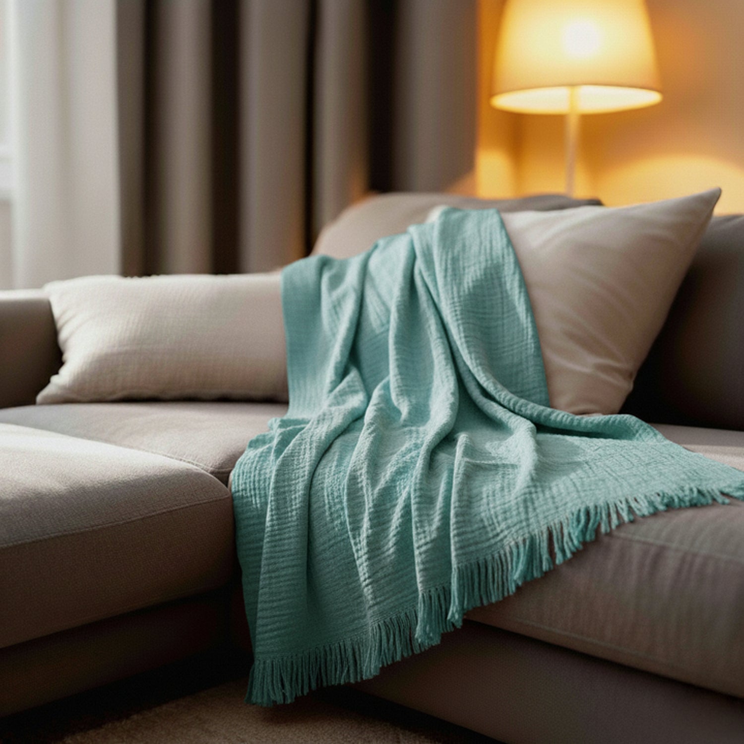 Manta plaid 100% algodón azul turquesa con flecos 130x170cm BITALD ...