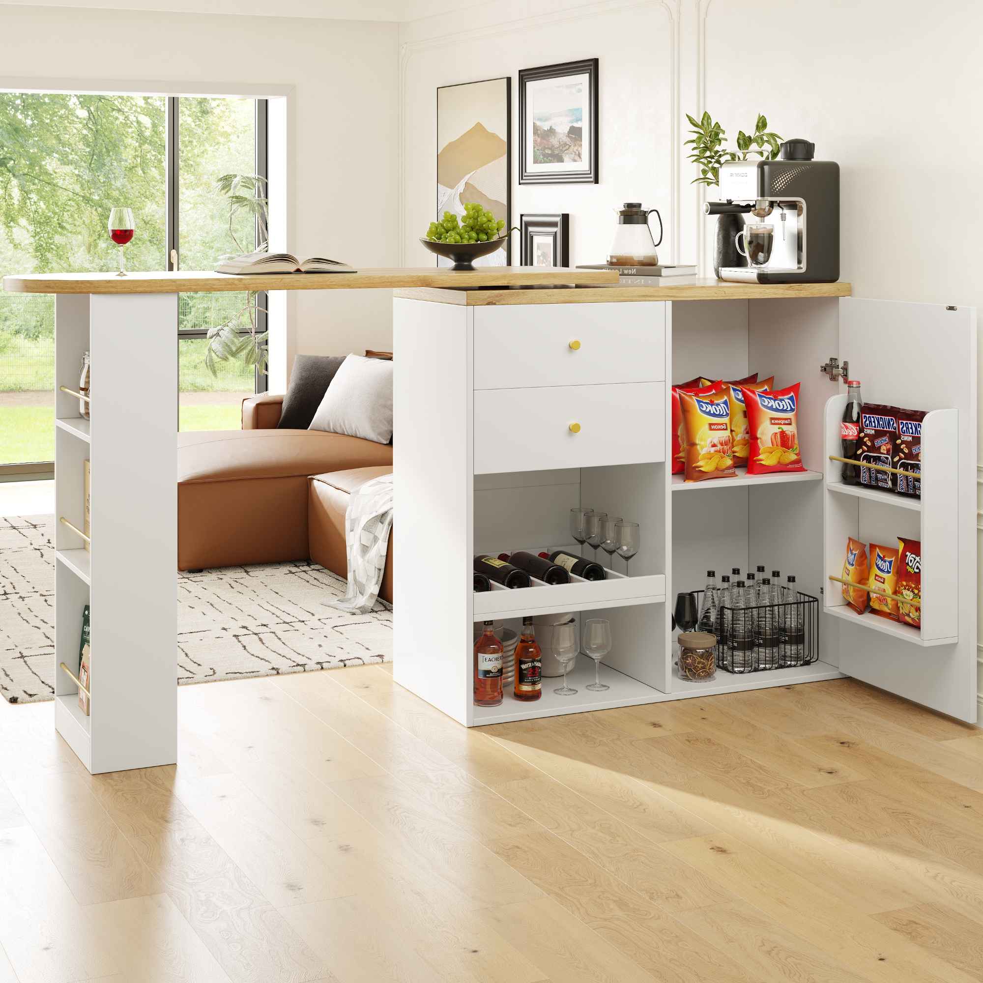 Meuble bar pivotant 360° blanc avec 3 rangements ouverts, 2 tiroirs et ...