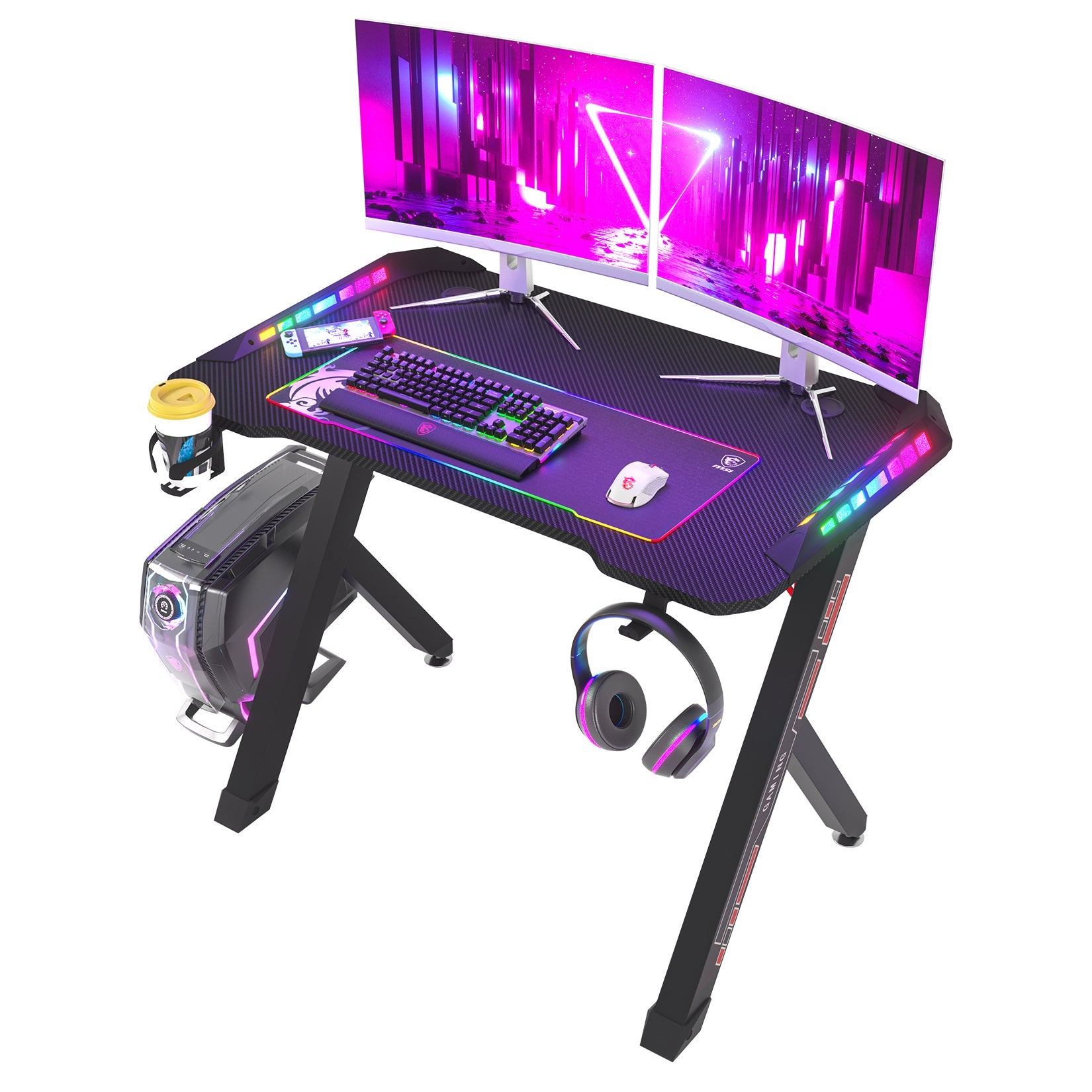 Bureau Gaming 100 x 60 x 73 cm Bureau Gamer Ergonomic avec Lumières ...