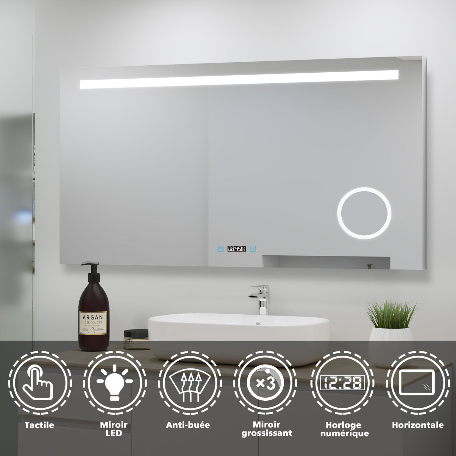 Miroir simple de salle de bain + miroir LED lumineux + anti-buée ...