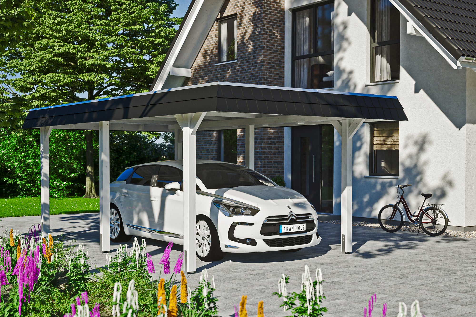 Carport bois SKAN HOLZ Wendland 362x628cm, toit en aluminium, bandeau noir, bois lamellé-collé ...