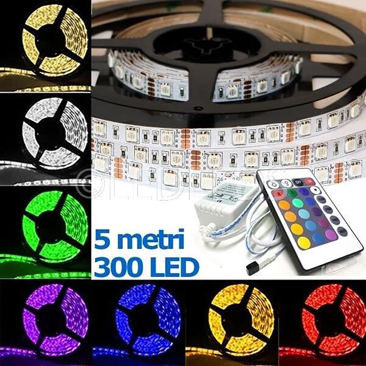 TIRA LED SMD 5050 RGB IP65 BOBINA DE 5 METROS CON ALIMENTADOR Y MANDO A ...