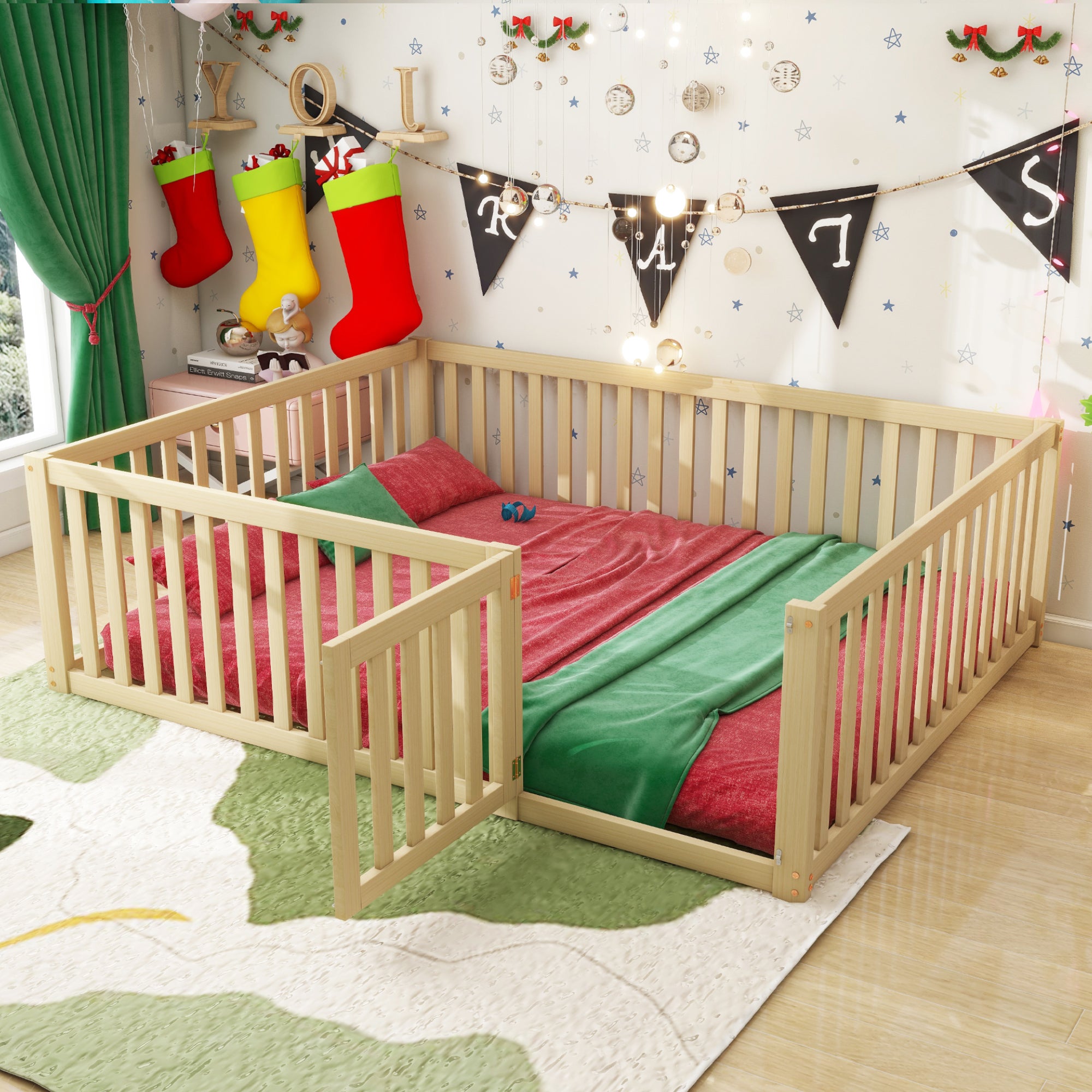 Lit enfant 140x200cm cadre bas bois barrière 60cm porte Naturel (Sans ...