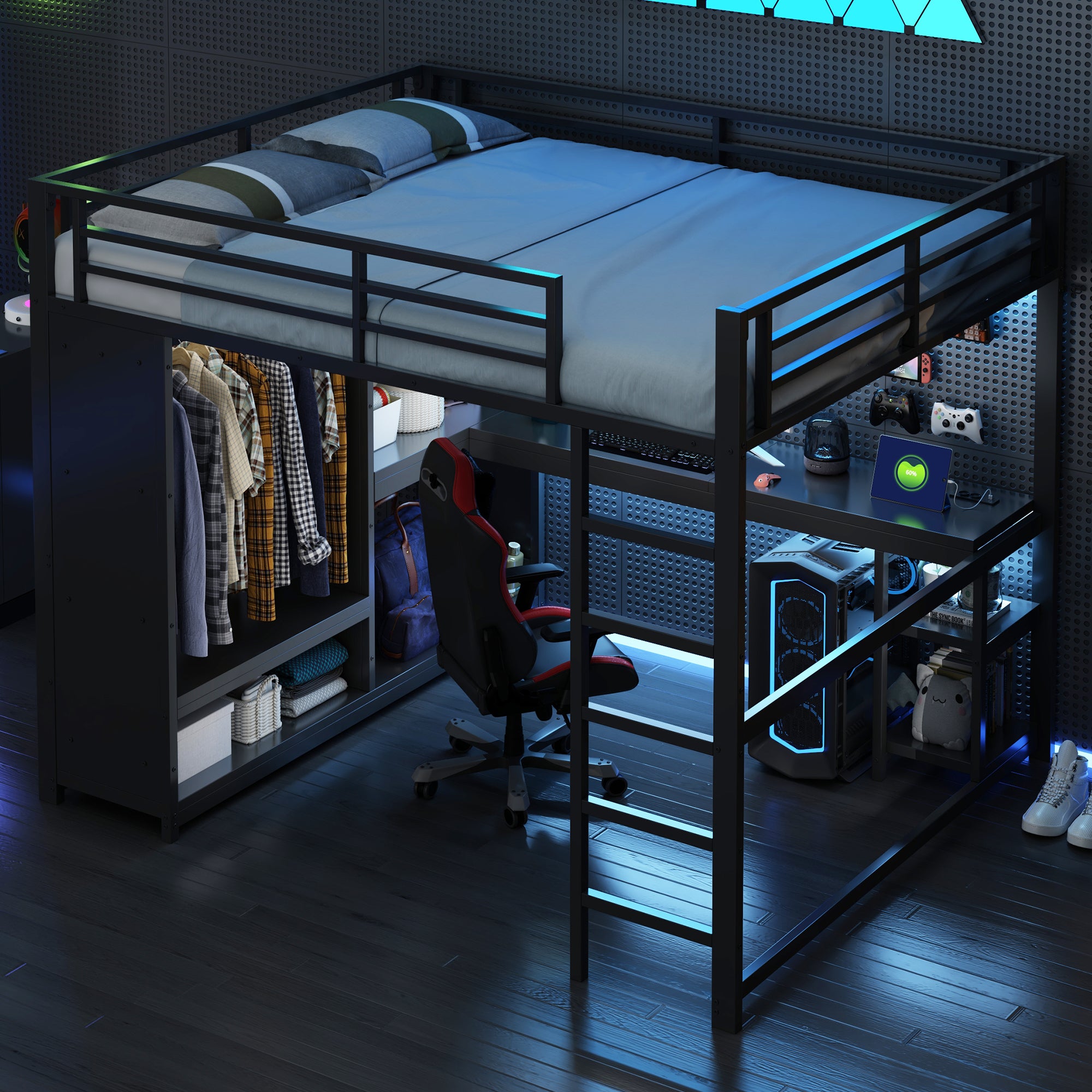 Lit mezzanine 160x200cm - avec LED - avec bureau et armoire ouverte ...