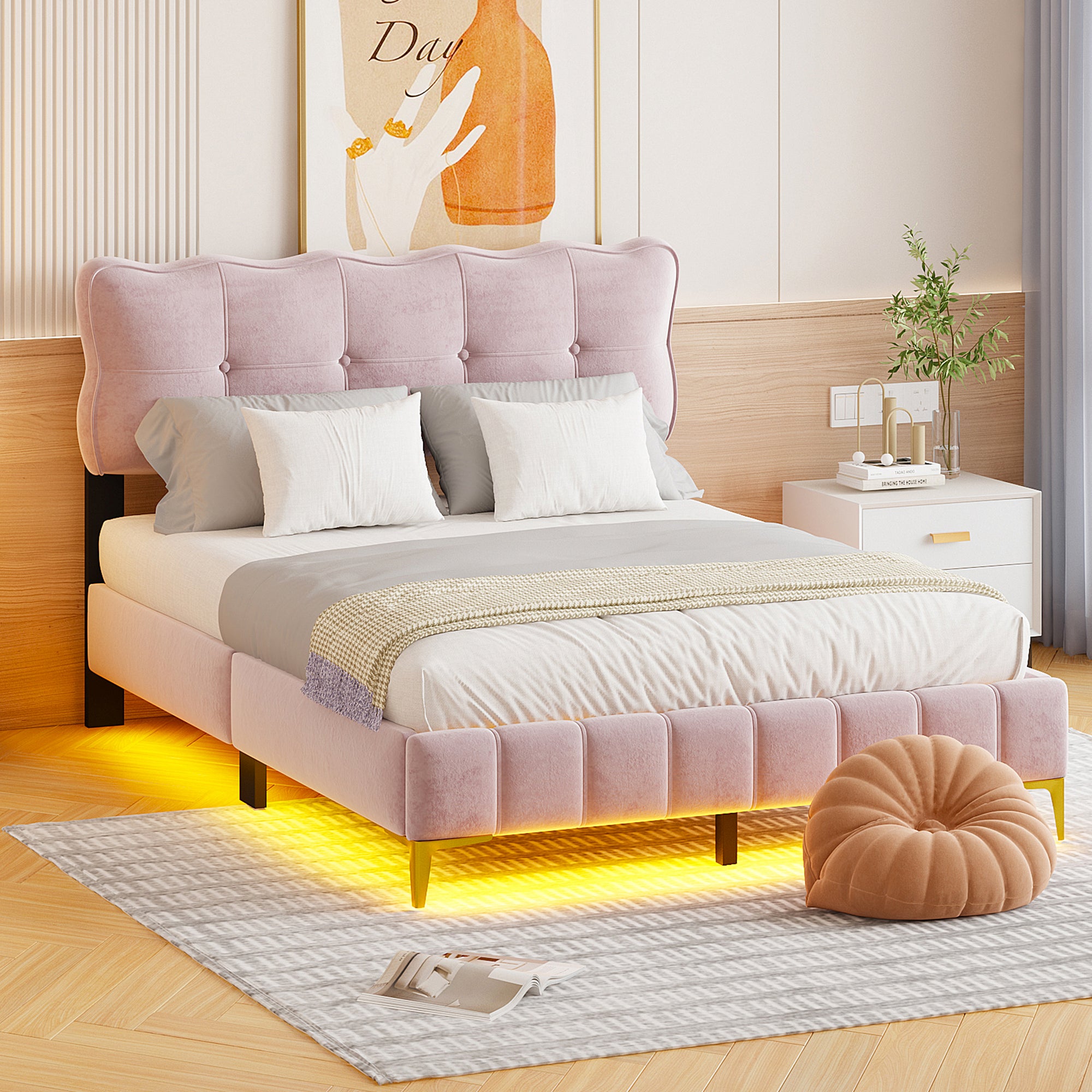 Lit capitonné 140 x 200 cm avec tête de lit - LEDs - Velours - Rose ...