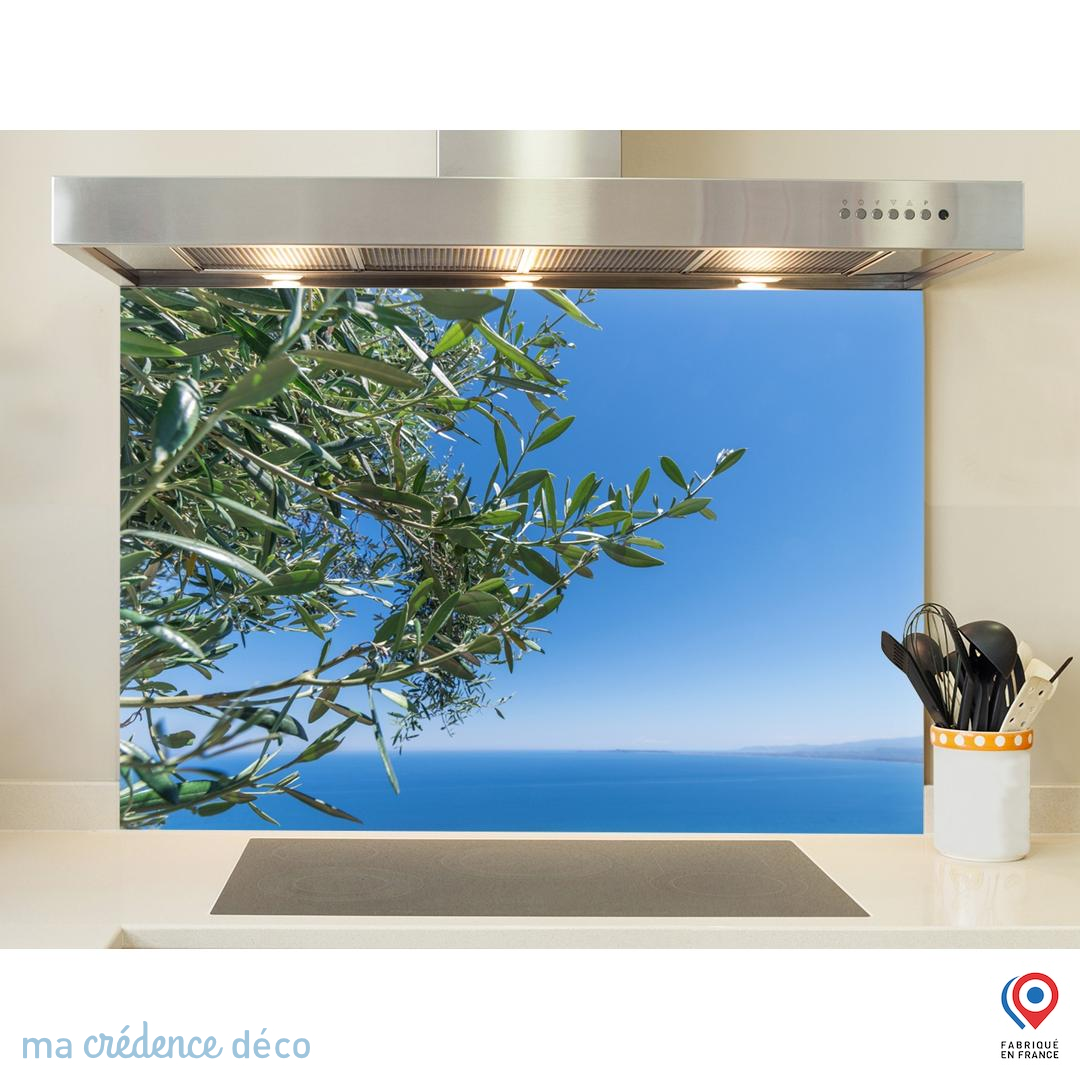 Crédence cuisine fond de hotte Mer avec olivier - Verre trempé - L 90 ...