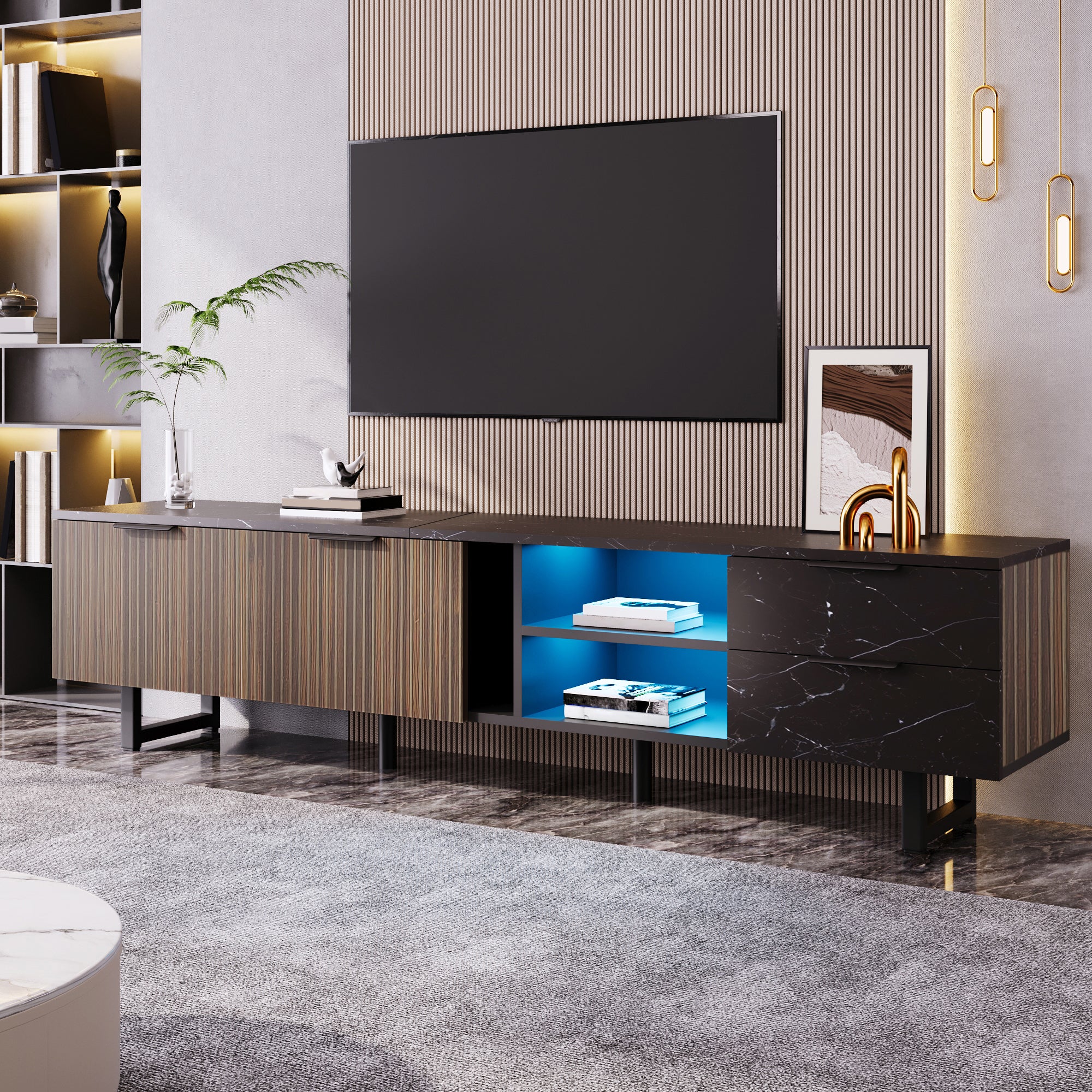 Meuble TV 200x50x38 cm, 2 portes 2 tiroirs, rangement généreux, LED ...