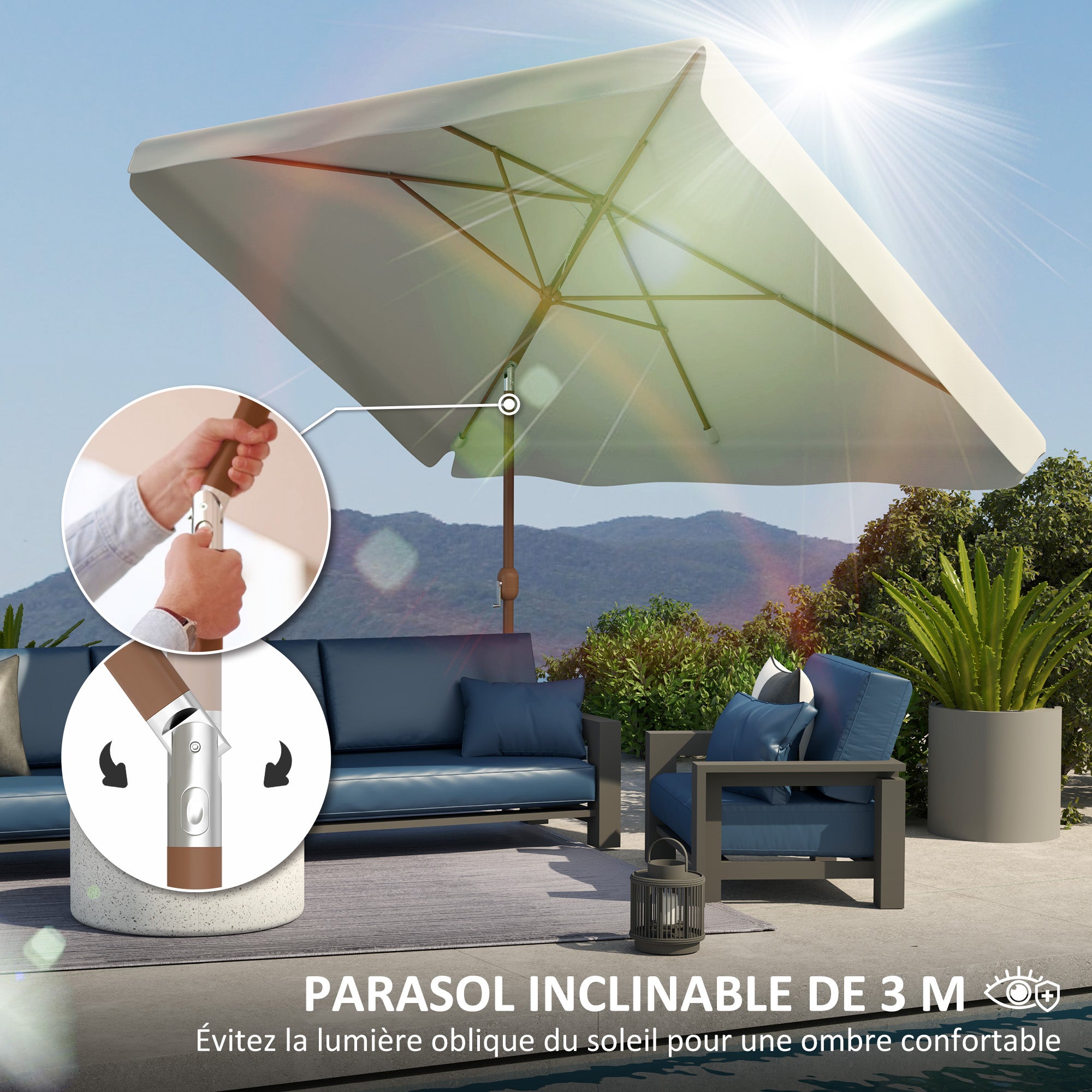 Sombrilla rectangular de jardín de 200 x 300 cm, reclinable, con 6 ...