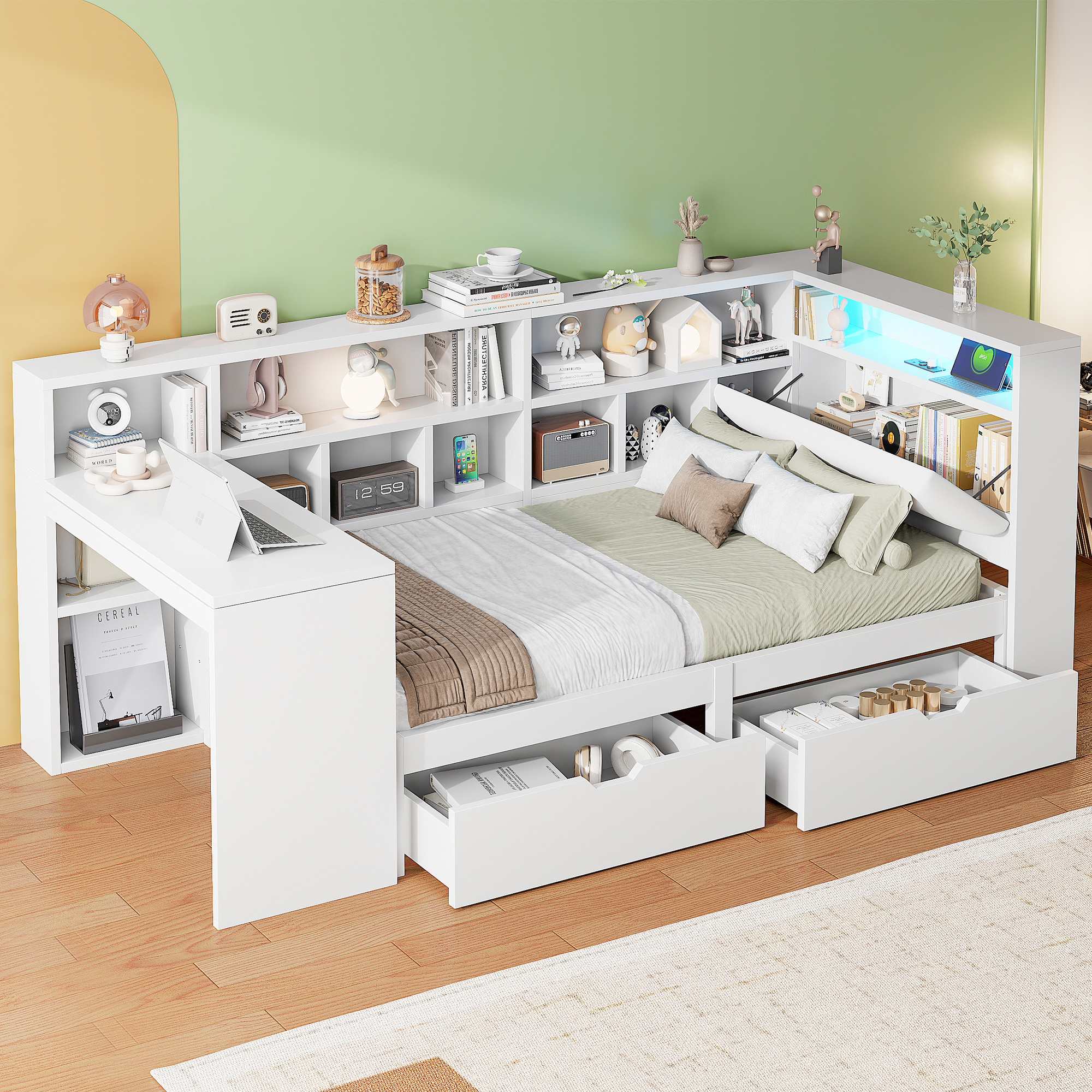 Cama infantil 90x200 cm, almacenaje, 2 cajones, escritorio, LED, USB ...