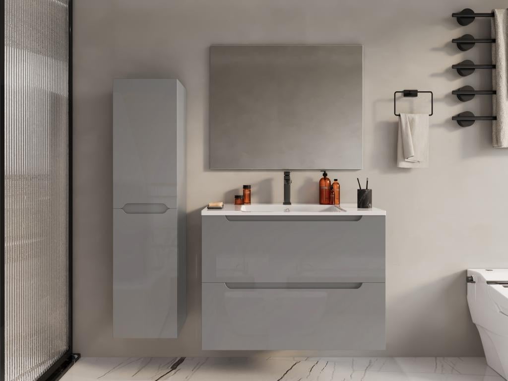 Mueble simple lavabo suspendido con columna - Gris - 80 cm - STEFANIE ...