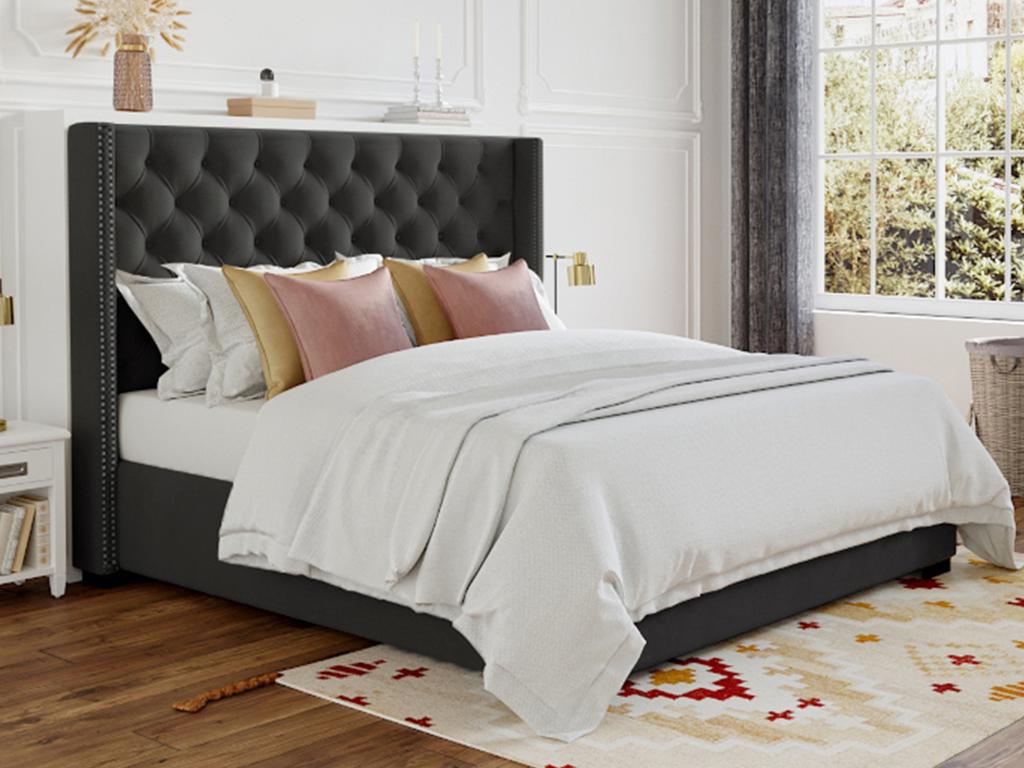 Lit 160 x 200 cm avec tête de lit capitonnée - Tissu - Gris - MASSIMO ...