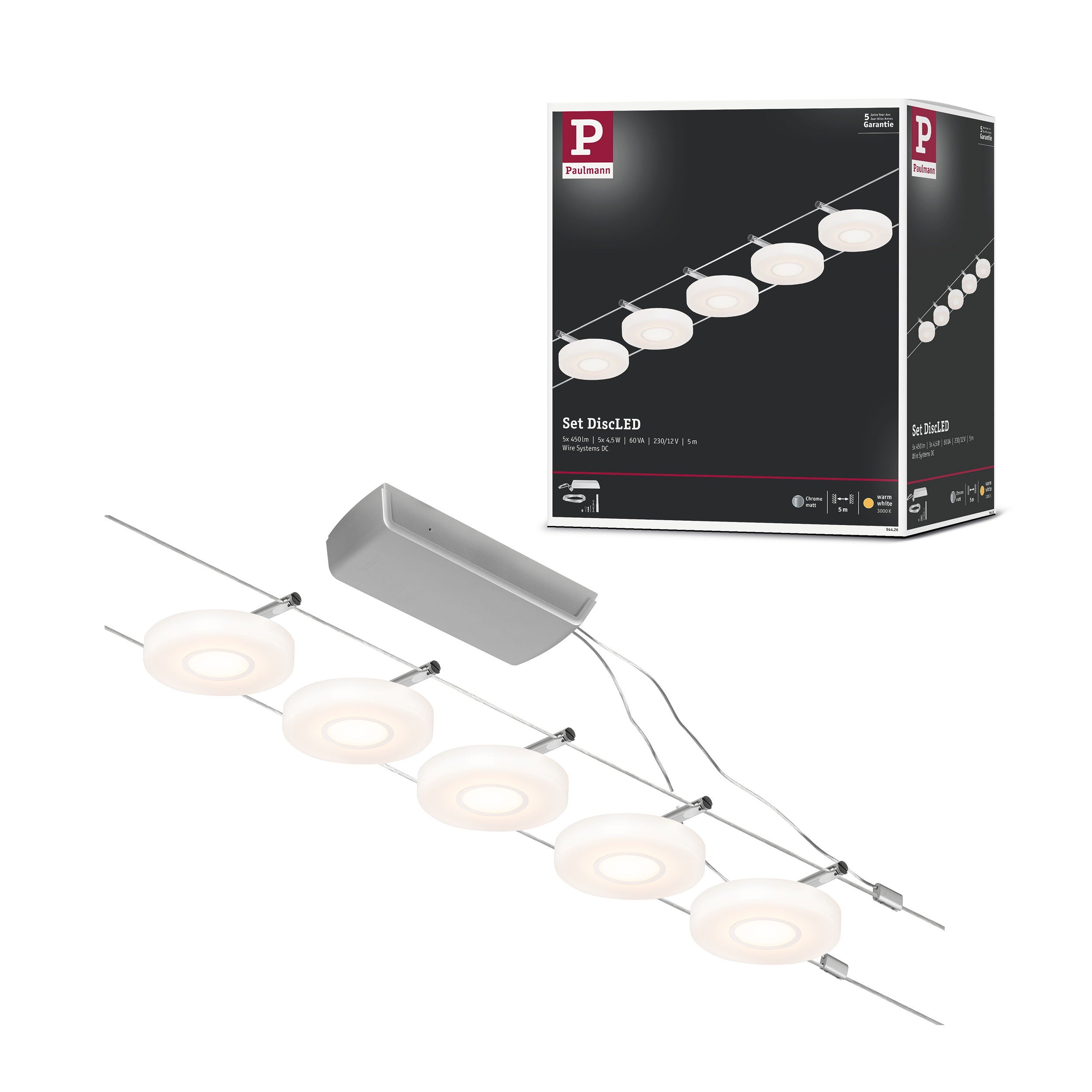 CorDuo Système sur câbles LED DiscLED Kit de base 5x200lm 5x4,5W 3000K ...