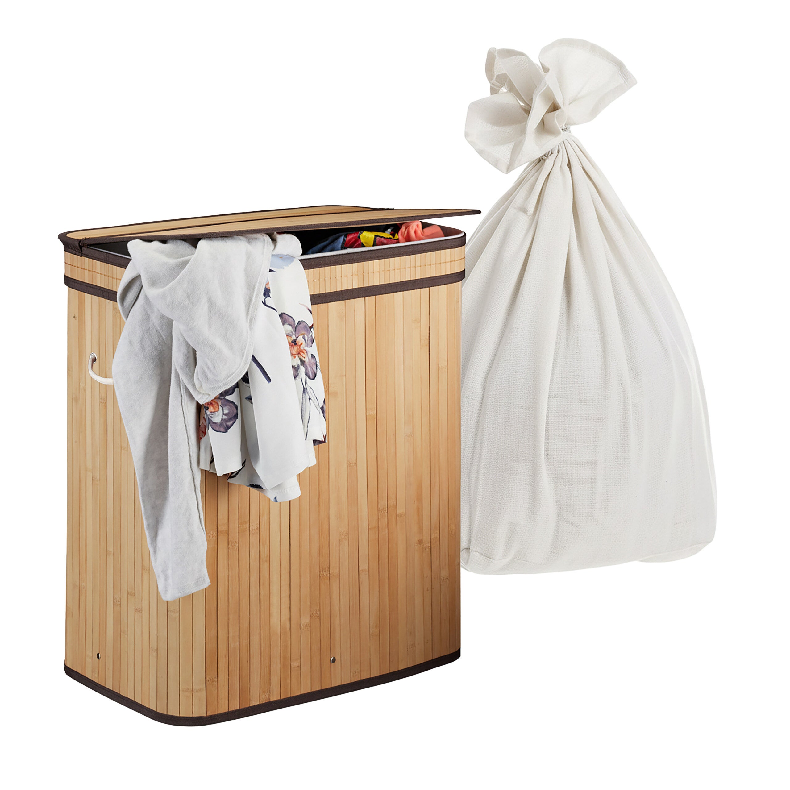 Panier à linge, 3 compartiments, bambou, 105 l, pliable, 63 x 52 x 32 ...