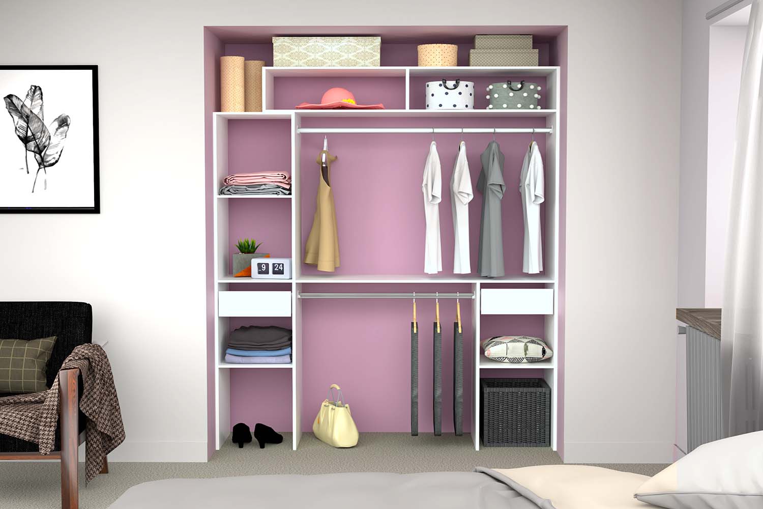 Dressing blanc extensible avec 2 penderies, 4 étagères et 2 tiroirs ...