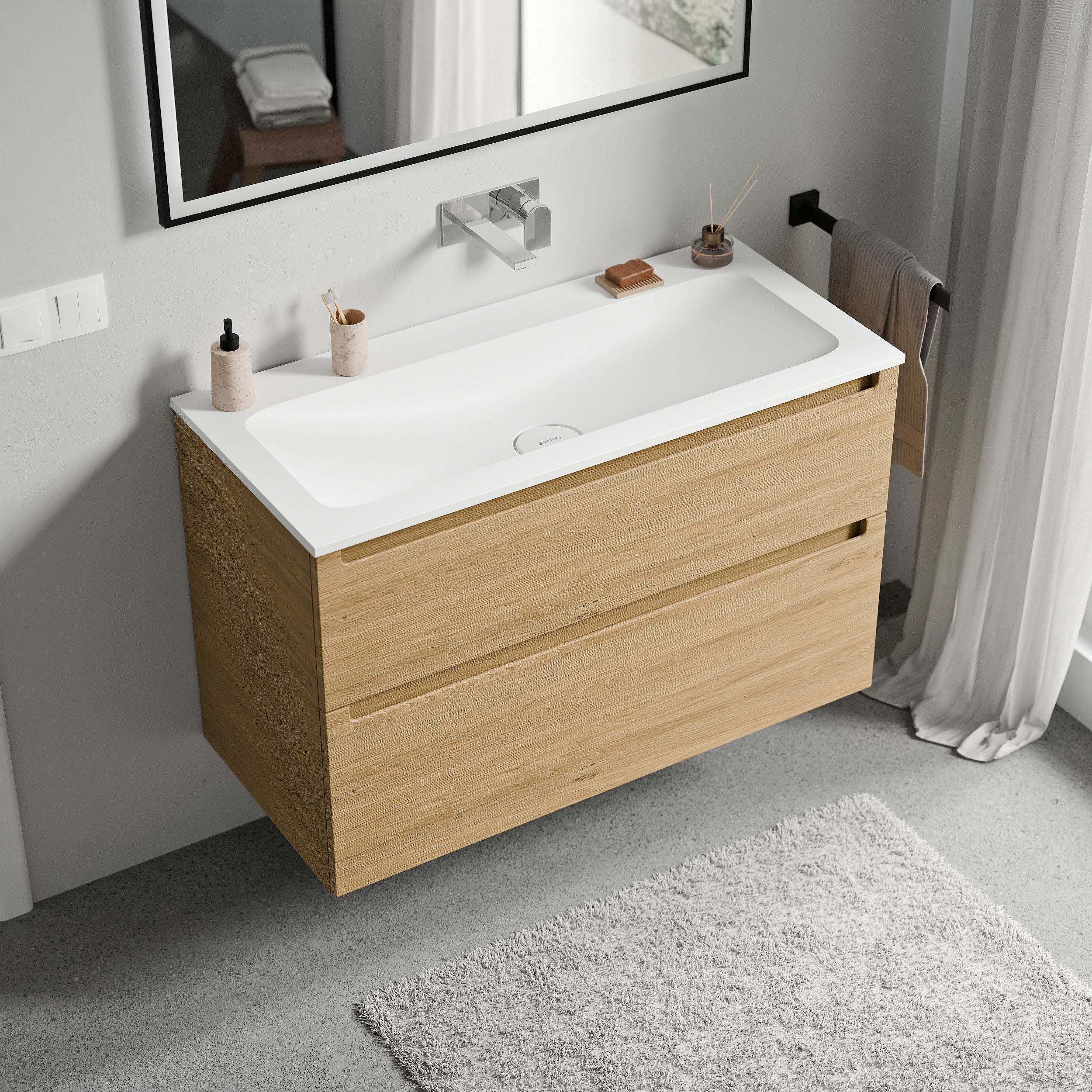 BERNSTEIN - Mueble lavabo suspendido MDF roble miel, lavabo fundición ...