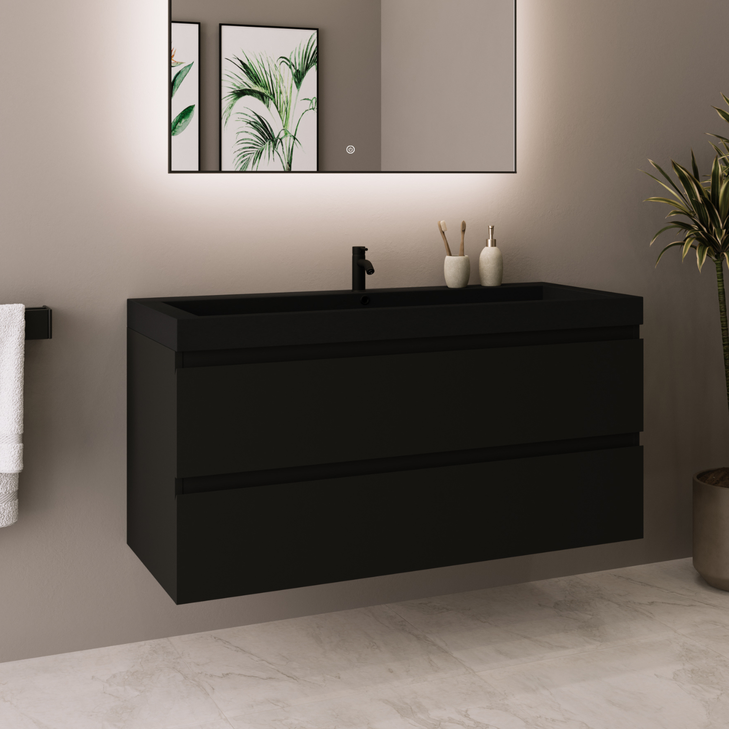 Mobile bagno sospeso con lavabo nero 100 cm nero opaco con 2 cassetti ...