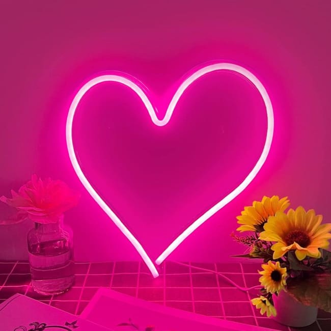 Rose coeur néon, lumière décorative murale en forme de coeur néon ...