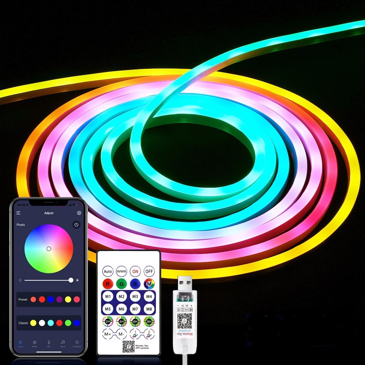 Bande LED néon USB 5V de 3 mètres, bande LED néon RG, avec Bluetooth et ...