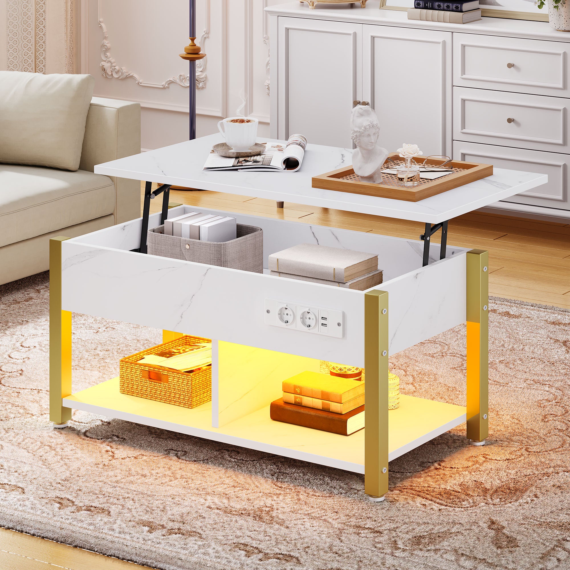 Mesa de centro Balconera elevable - Iluminación LED - 90 x 48 x 46-59 ...