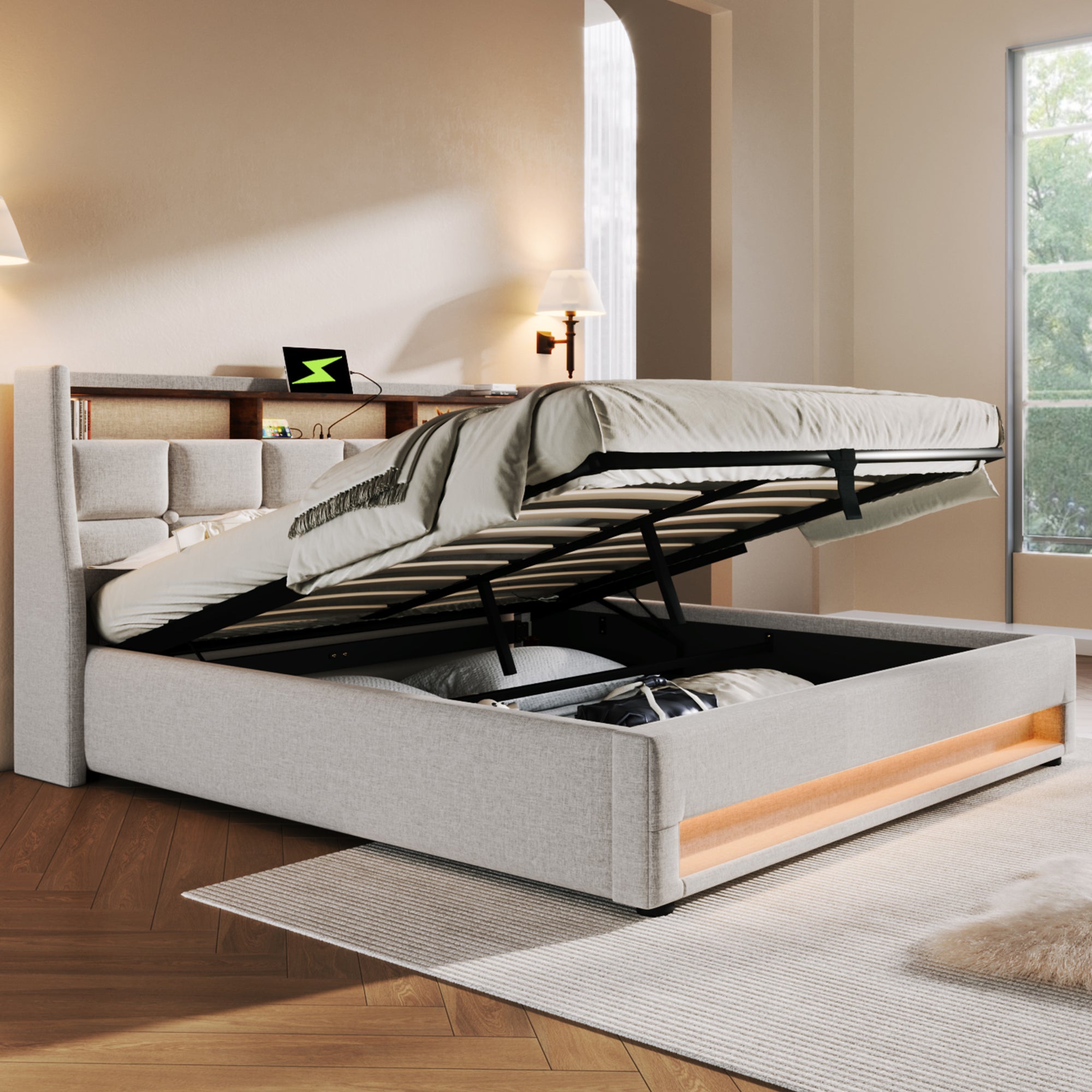 Cama con almacenaje de lino 180x200 cm con LED y puertos USB - somier - beige | Leroy Merlin