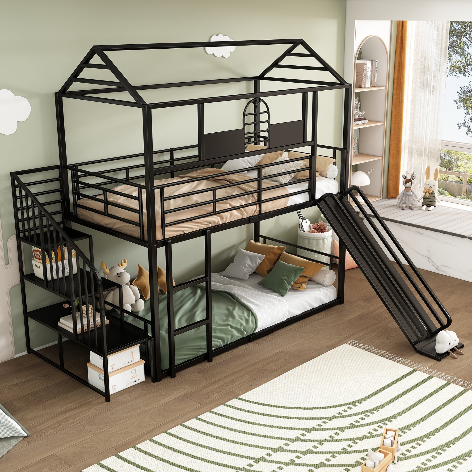 Lit superposé enfant 90 x 200 cm en fer avec toit et fenêtre, toboggan ...