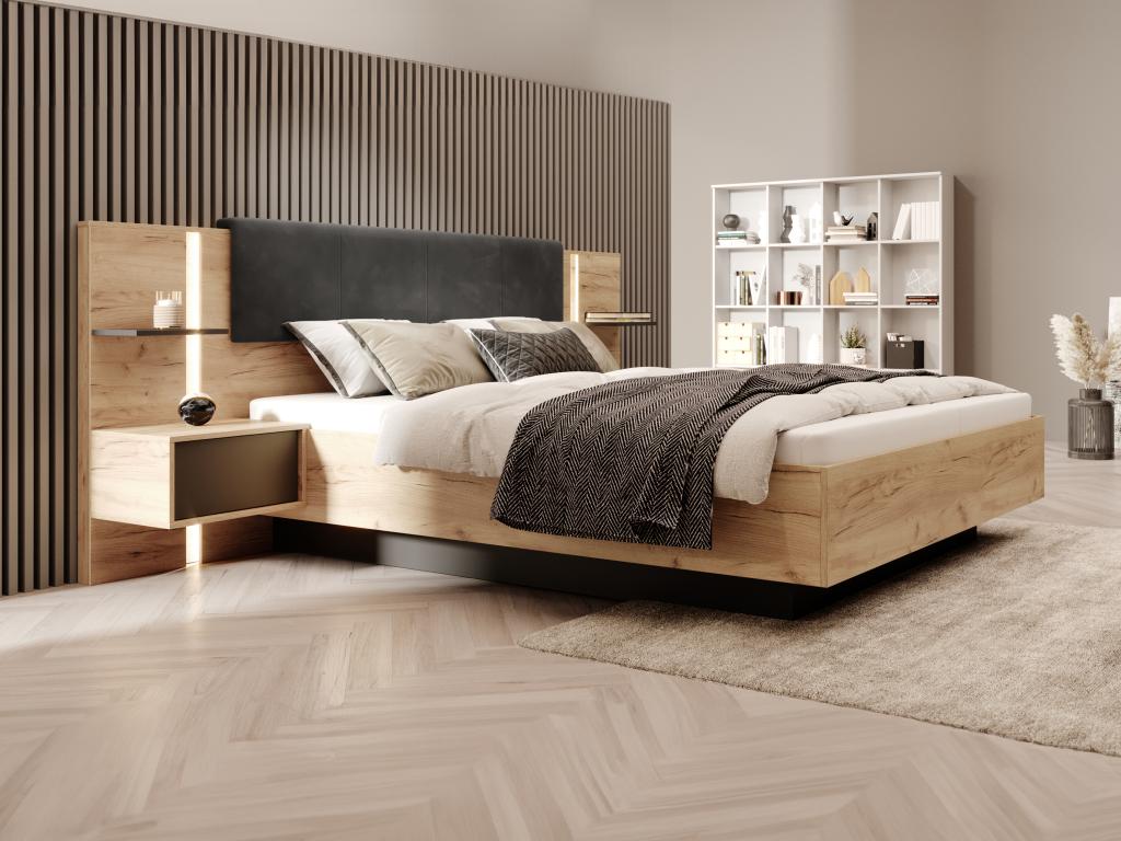 Lit coffre avec chevets 140 x 190 cm - Avec LEDs - Coloris : Naturel et ...