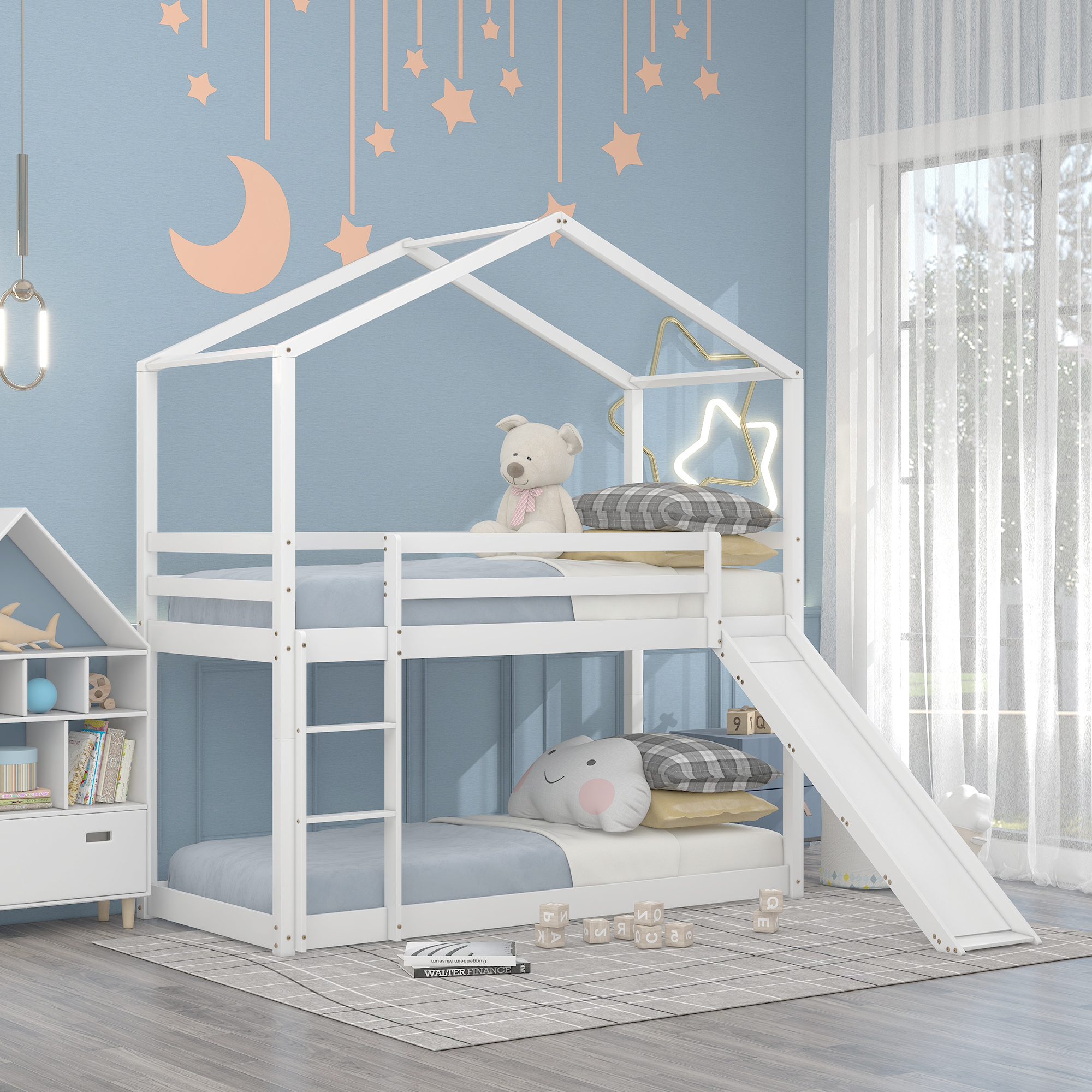 Cama infantil, litera baja con tobogán, 90 x 200 cm, color blanco ...