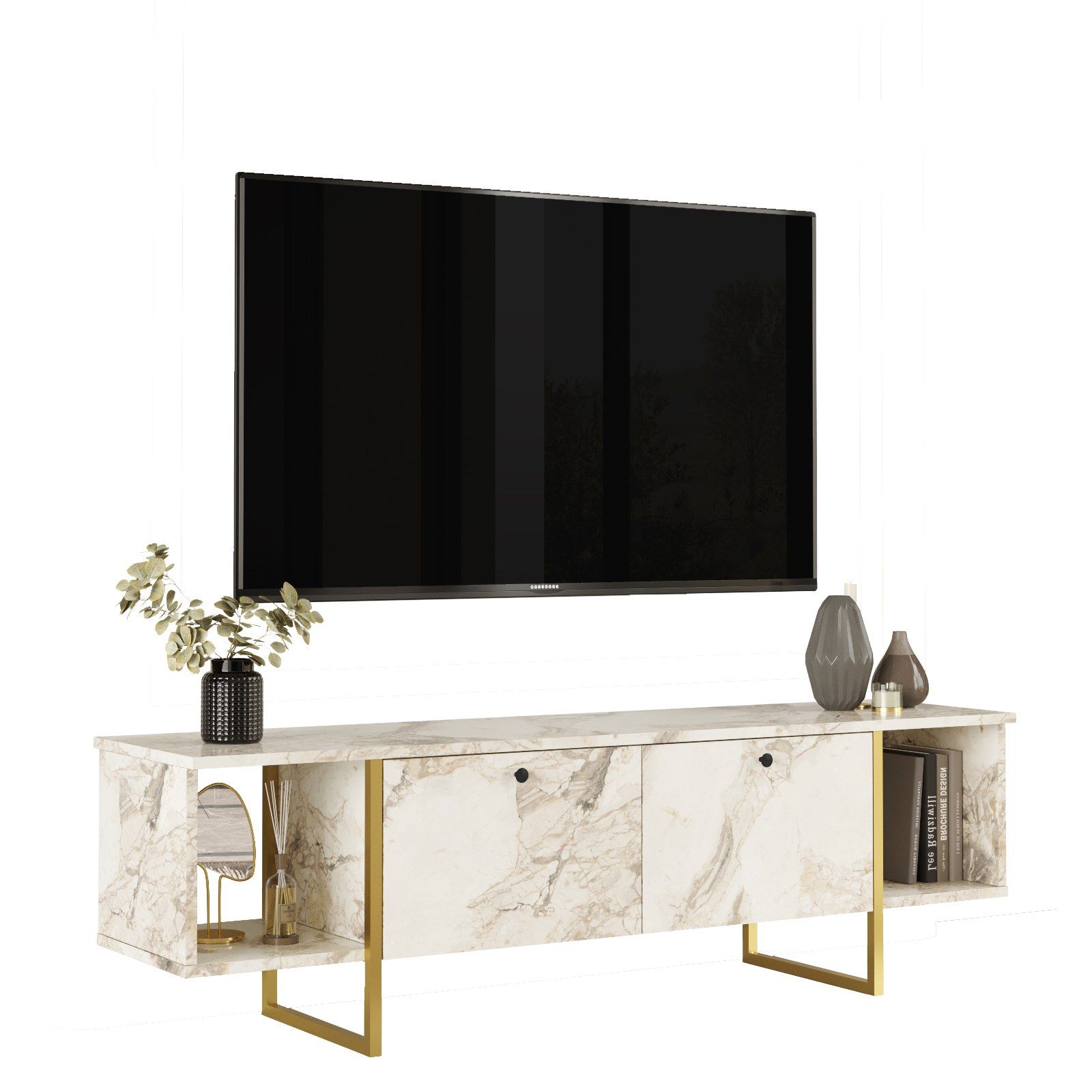 Mueble TV Kailua 1283, Dorado, Mármol blanco, 160x48x40cm | Leroy Merlin